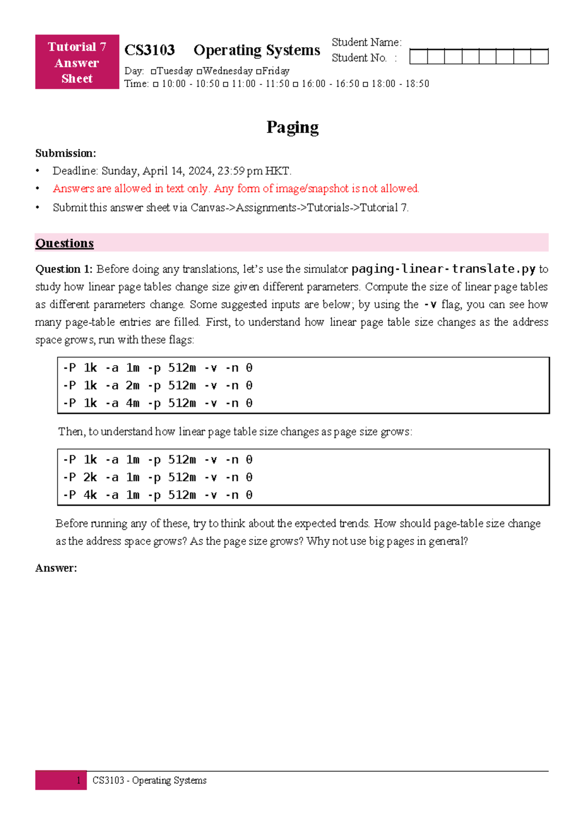 CS3103-Tutorial-7-answersheet-2024-4-8 - Tutorial 7 Answer Sheet CS3103 Operating Systems ...