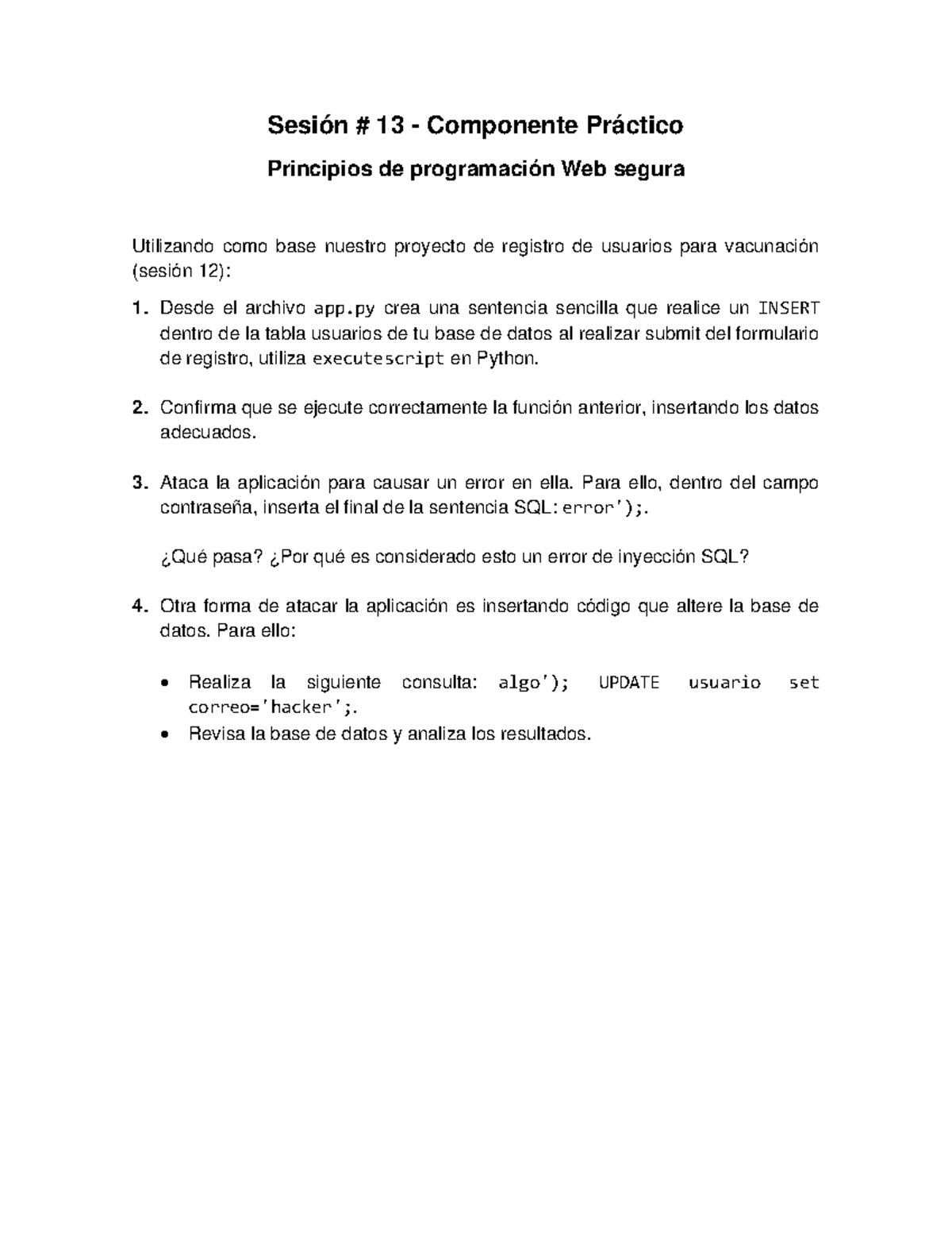 CP Sesion 13 Enunciado - Programación WEB Segura - Sesión # 13 - Componente Práctico Principios ...
