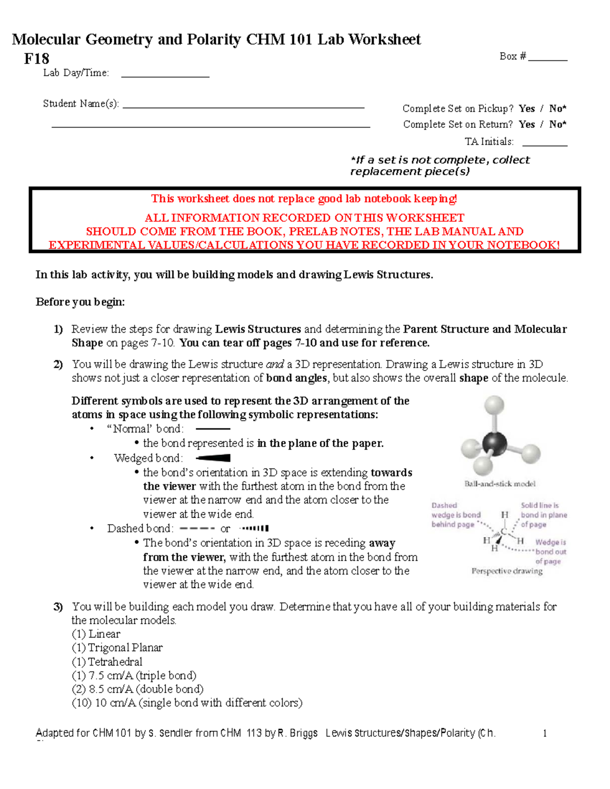 Molecular Geometry Polarity WS 101 F18 Final - A d ap t ed f or C H M 101 b y S. Se nd l er fro ...