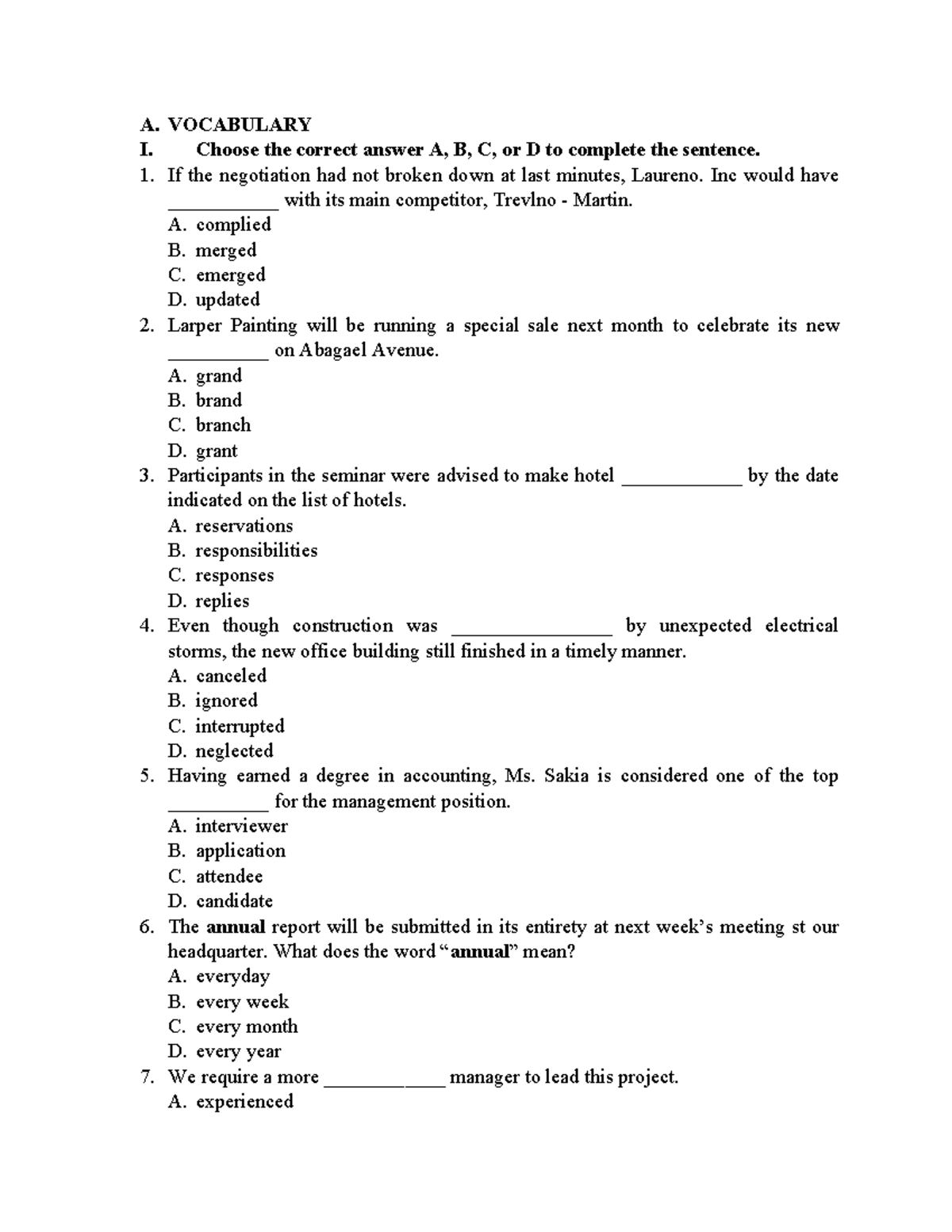 đề-test-thử - A. VOCABULARY I. Choose the correct answer A, B, C, or D ...