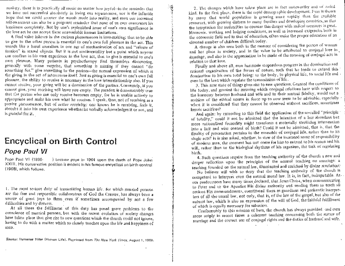Encyclical On Birth Control - aualogy, there is in practically all ...