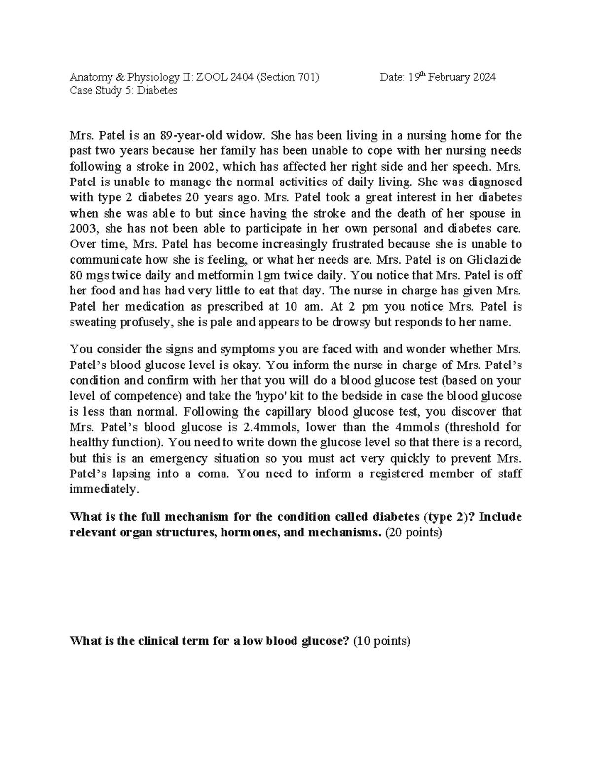 CS5 Diabetes - Case study 5 - Anatomy & Physiology II: ZOOL 2404 ...