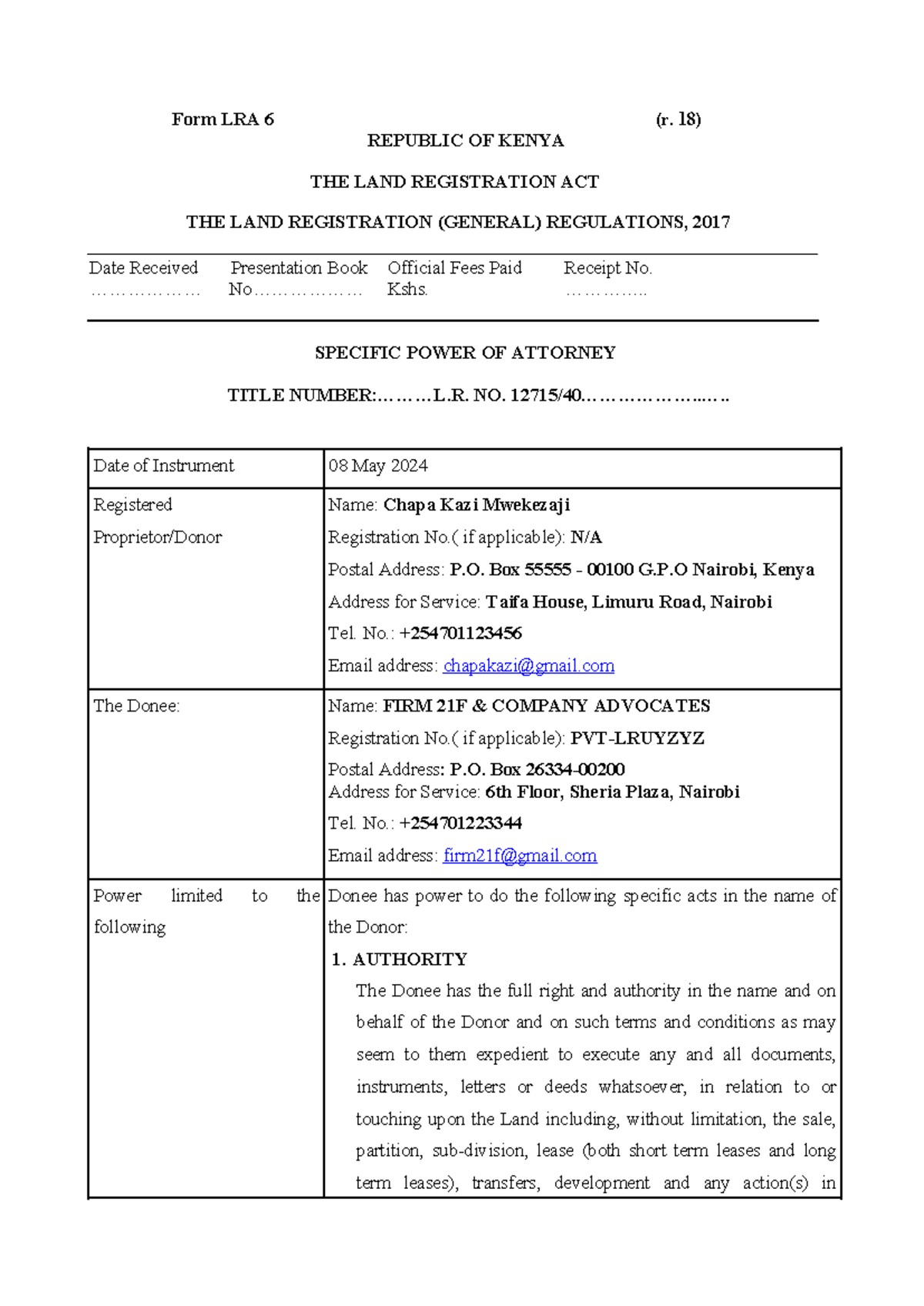 Form-LRA-6- Specific- Power-OF- Attorney draft - Form LRA 6 (r. 18 ...