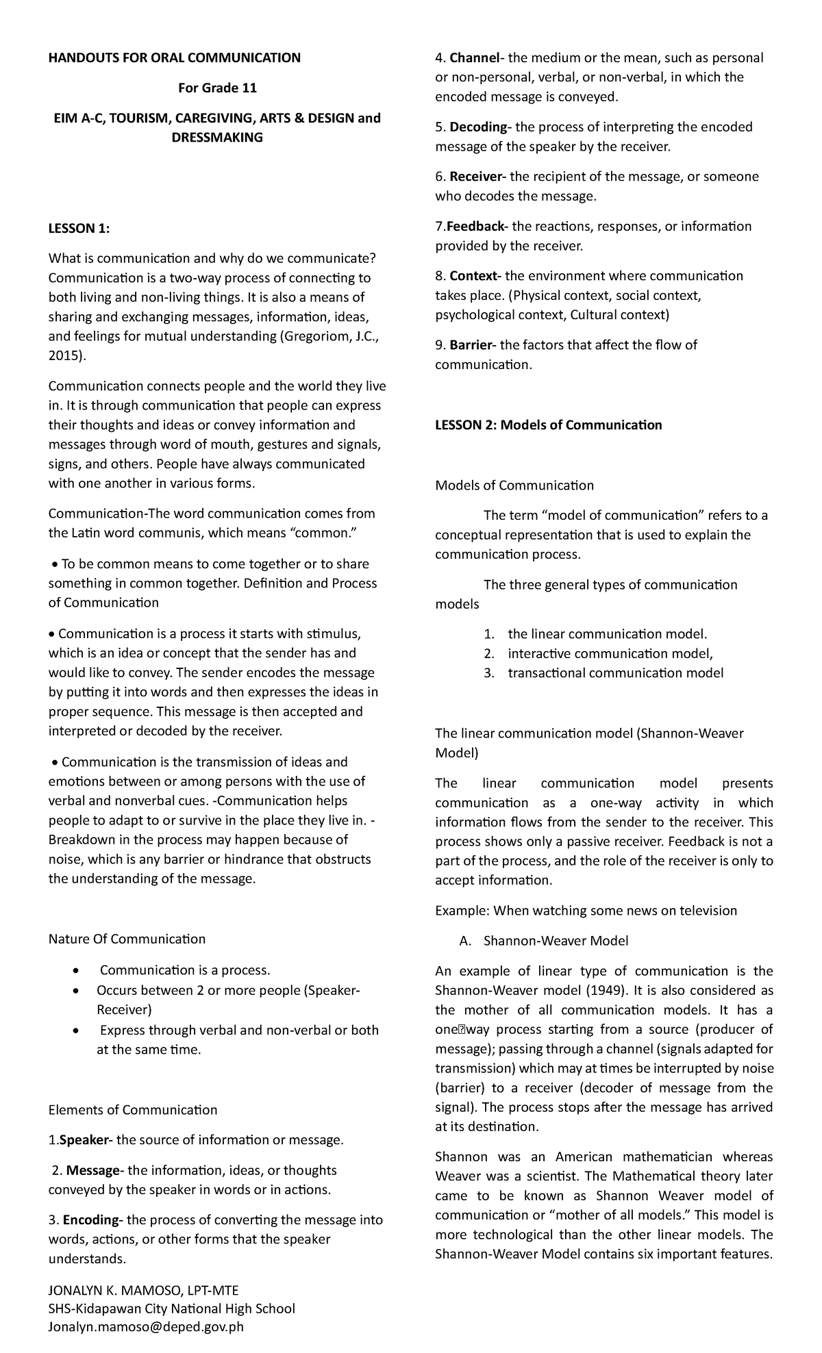 Handouts FOR ORAL Communication - JONALYN K. MAMOSO, LPT-MTE SHS ...