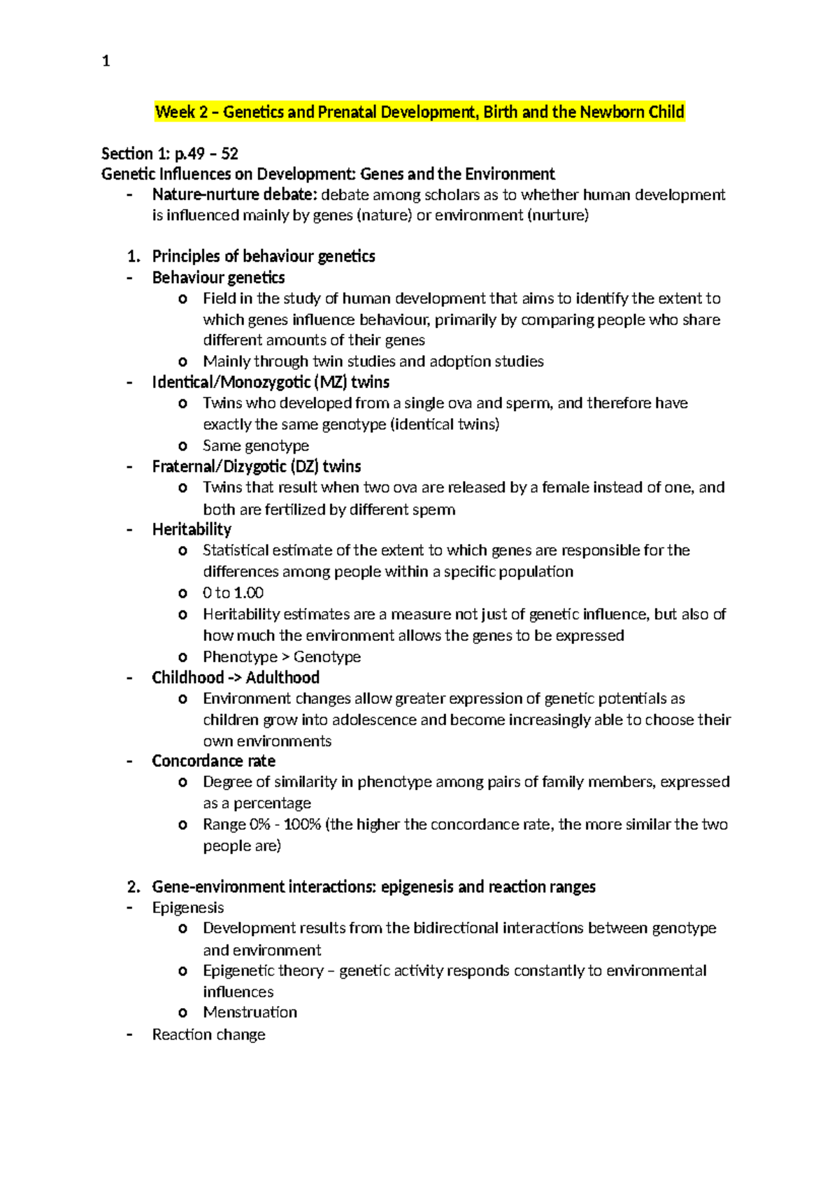 PSY2071 Final Notes - Week 2 – Gene cs and Prenatal Development, Birth ...