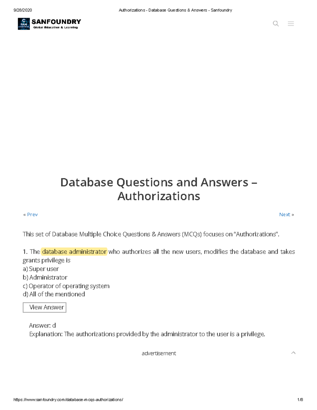 Database Management system Mcqs - « Prev Next » Database Questions and ...