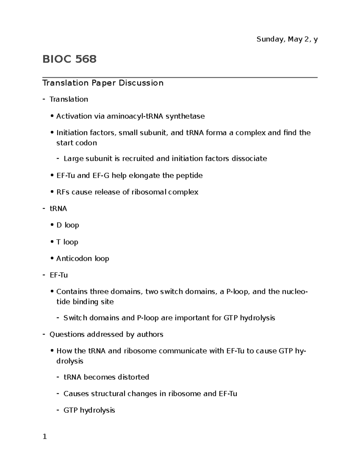 Lecture 8 - Translation Paper Discussion - Wednesday, August 28, y BIOC ...