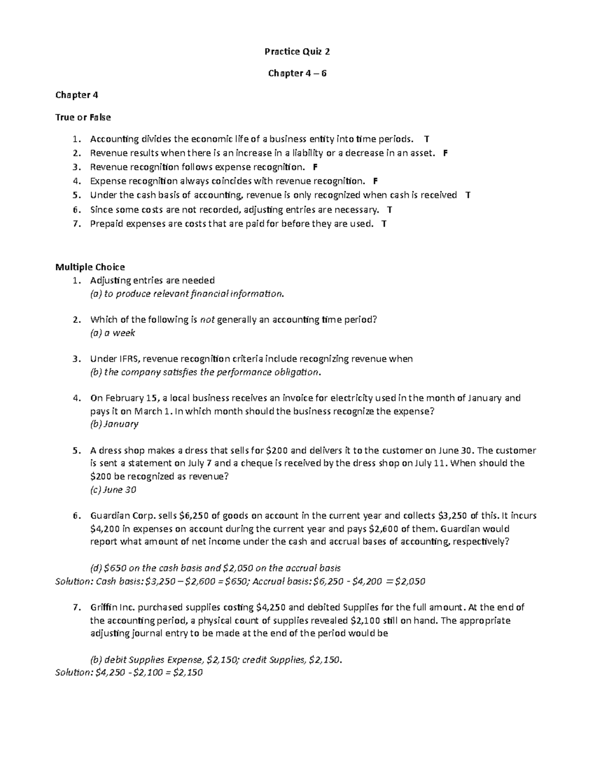 Practice Quiz 2 Answer Key - Practice Quiz 2 Chapter 4 – 6 Chapter 4 ...