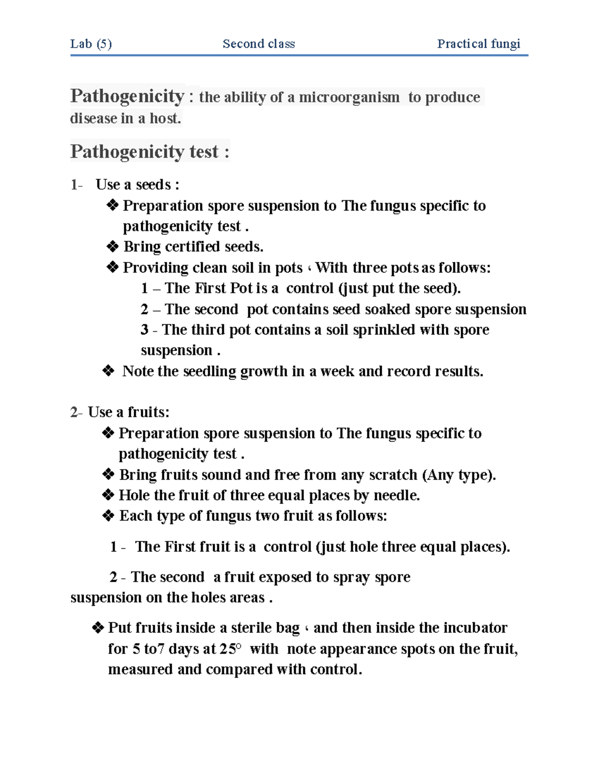 Lab pathogencity - Lab (5) Second class Practical fungi Pathogenicity ...