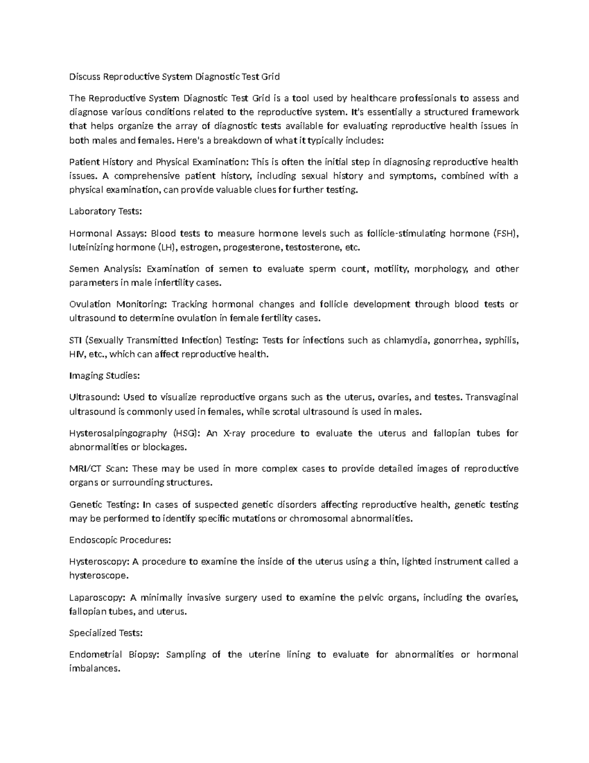 Reproductive System Diagnostic Test Grid - It's essentially a ...