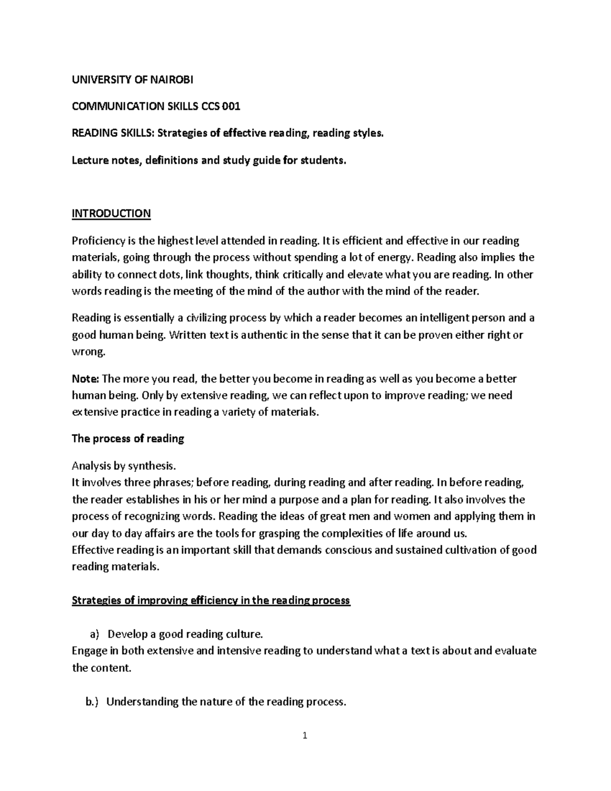 Reading Skills AND Efficiency IN Reading Study Guide - UNIVERSITY OF ...