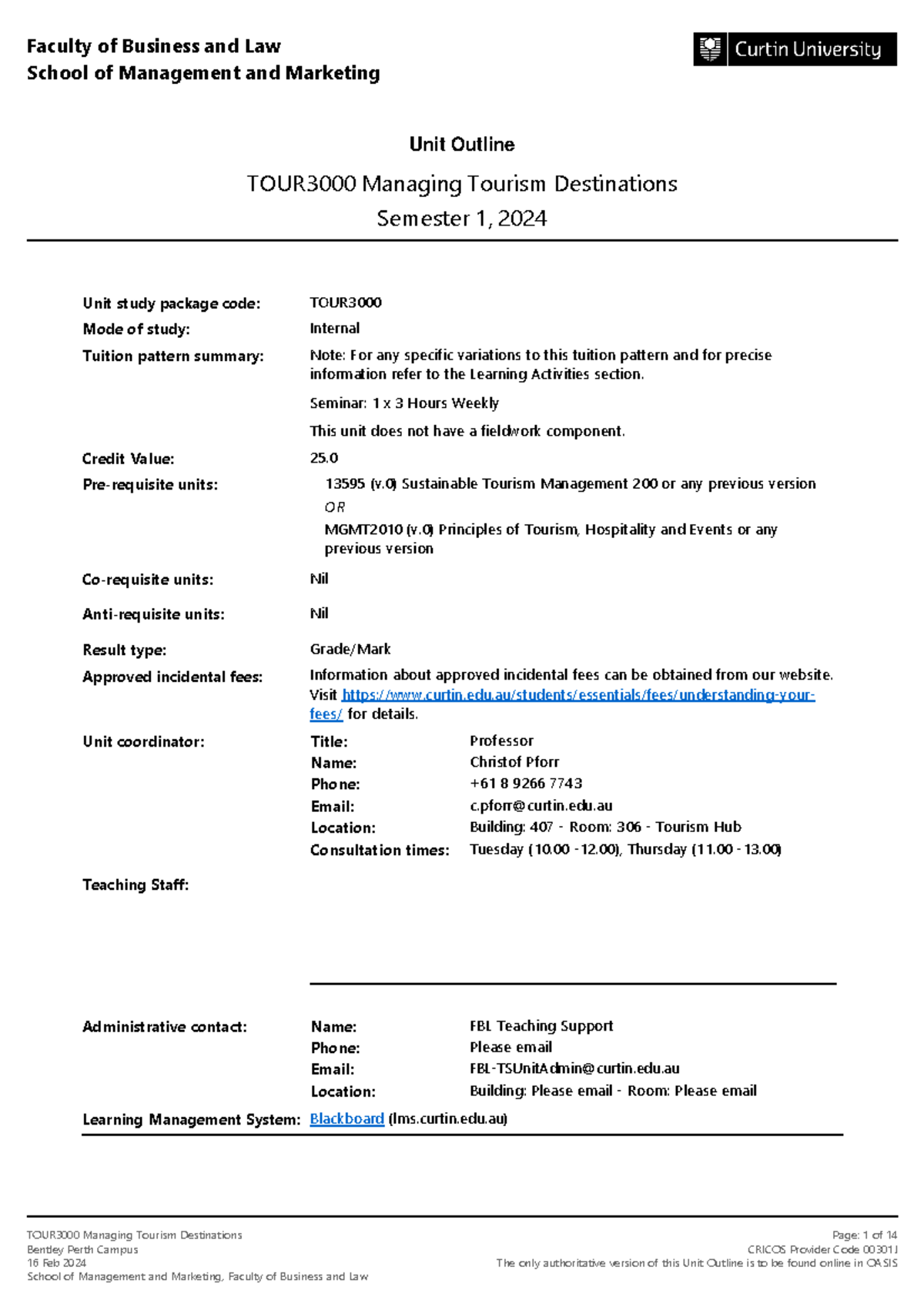 TOUR3000 Managing Tourism Destinations Semester 1 2024 Bentley Perth ...