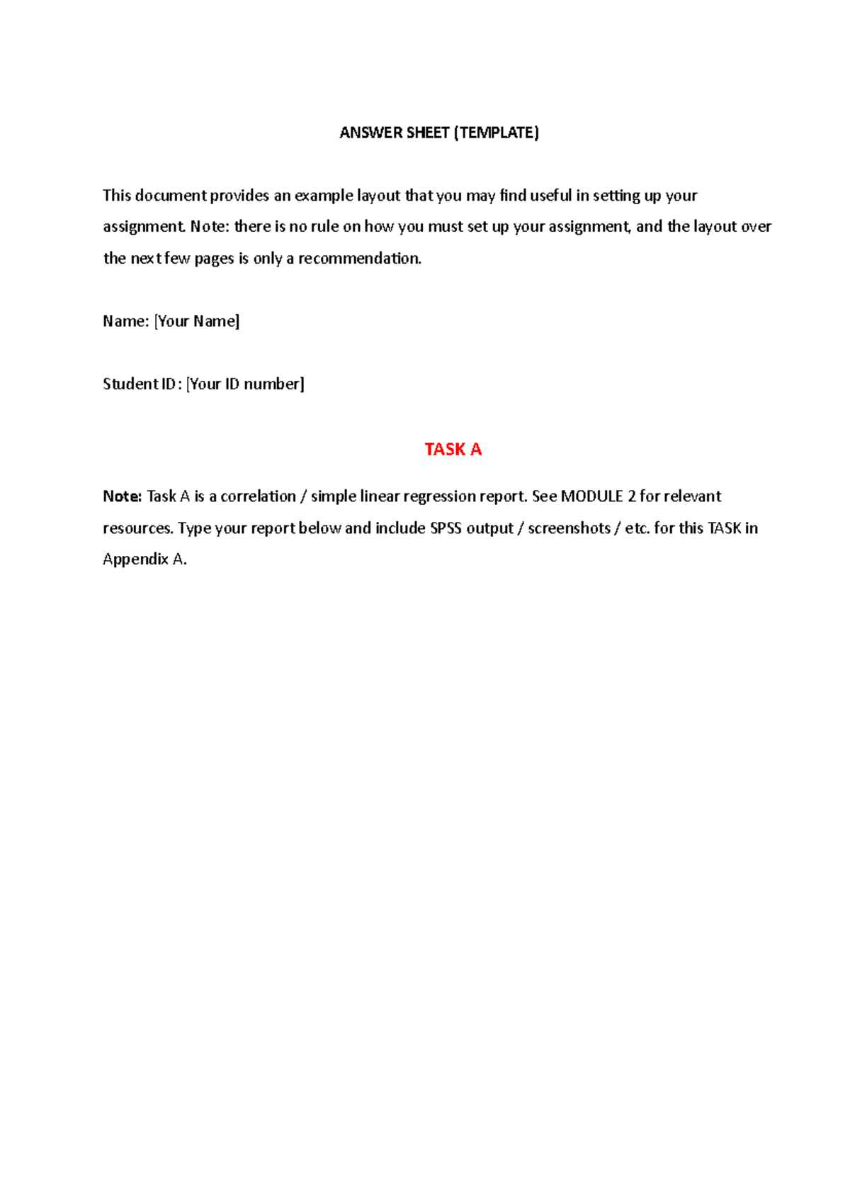 STA70007 Answer template assignment 2 - ANSWER SHEET (TEMPLATE) This ...