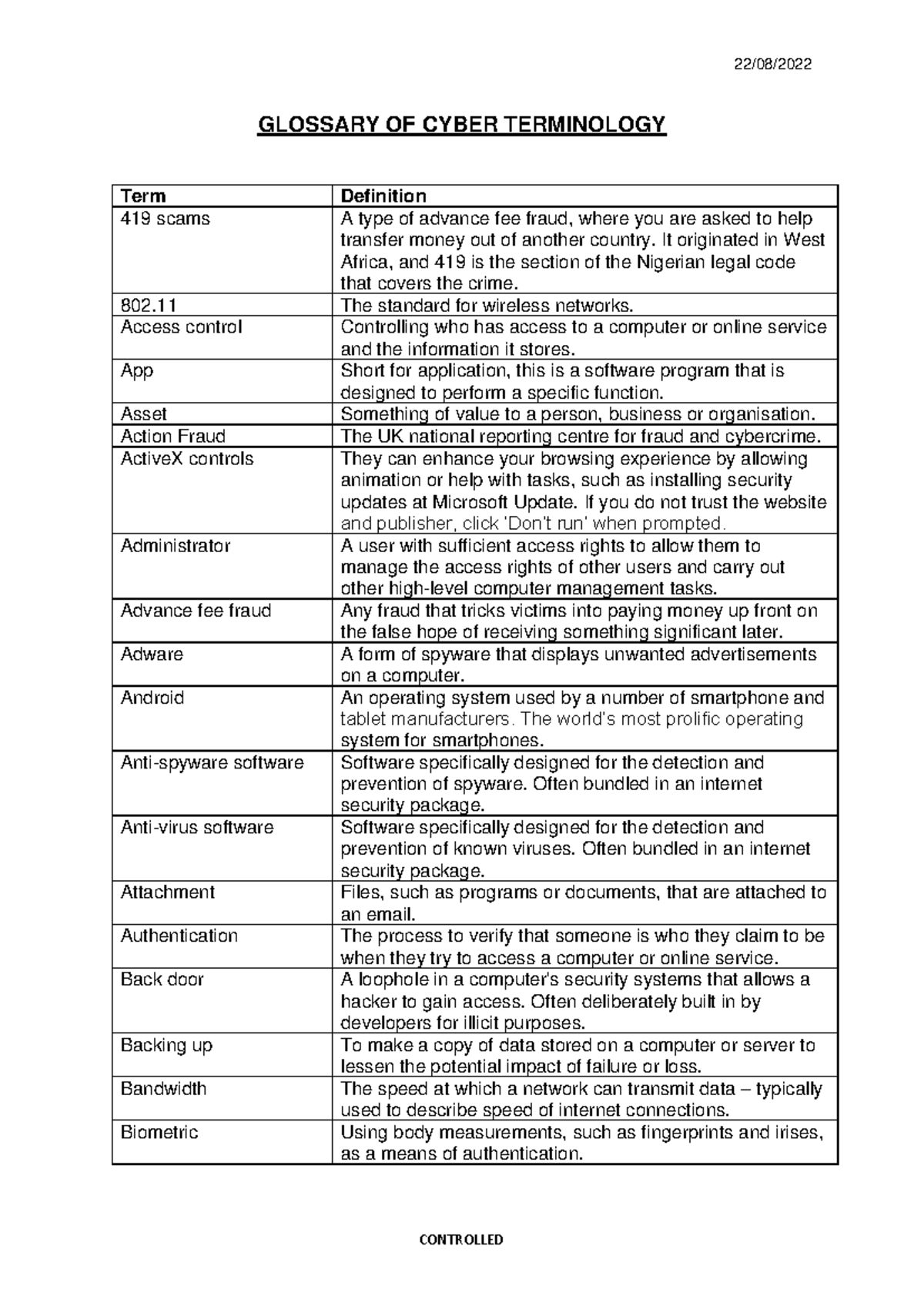 Glossary of cyber security terms - GLOSSARY OF CYBER TERMINOLOGY Term ...