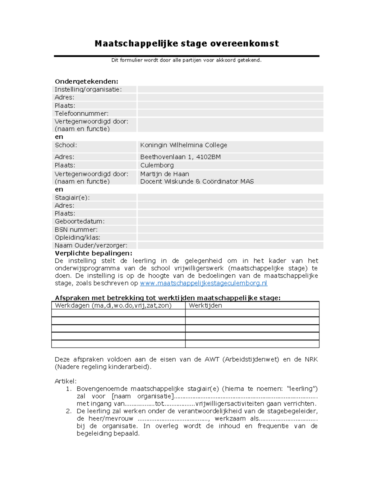 MAS stageovereenkomst blanco - Maatschappelijke stage overeenkomst Dit ...