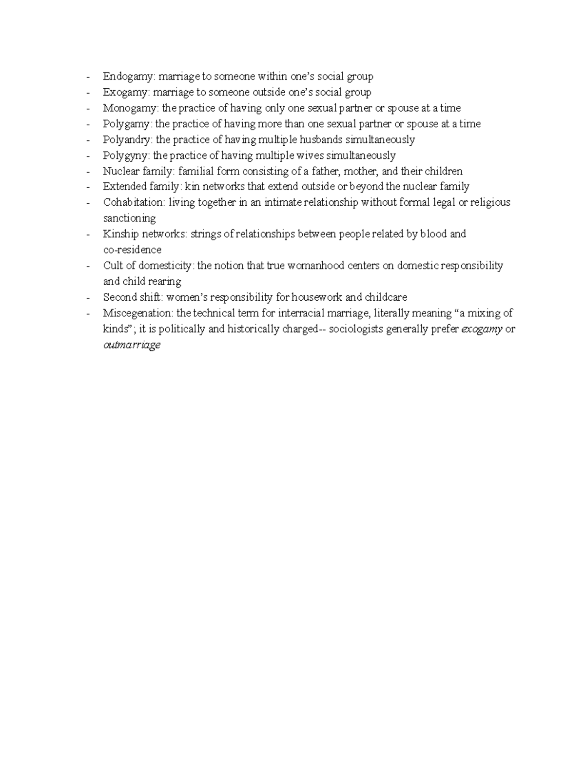 Soc 001 ch 12 - notes from online lecture - Endogamy: marriage to ...
