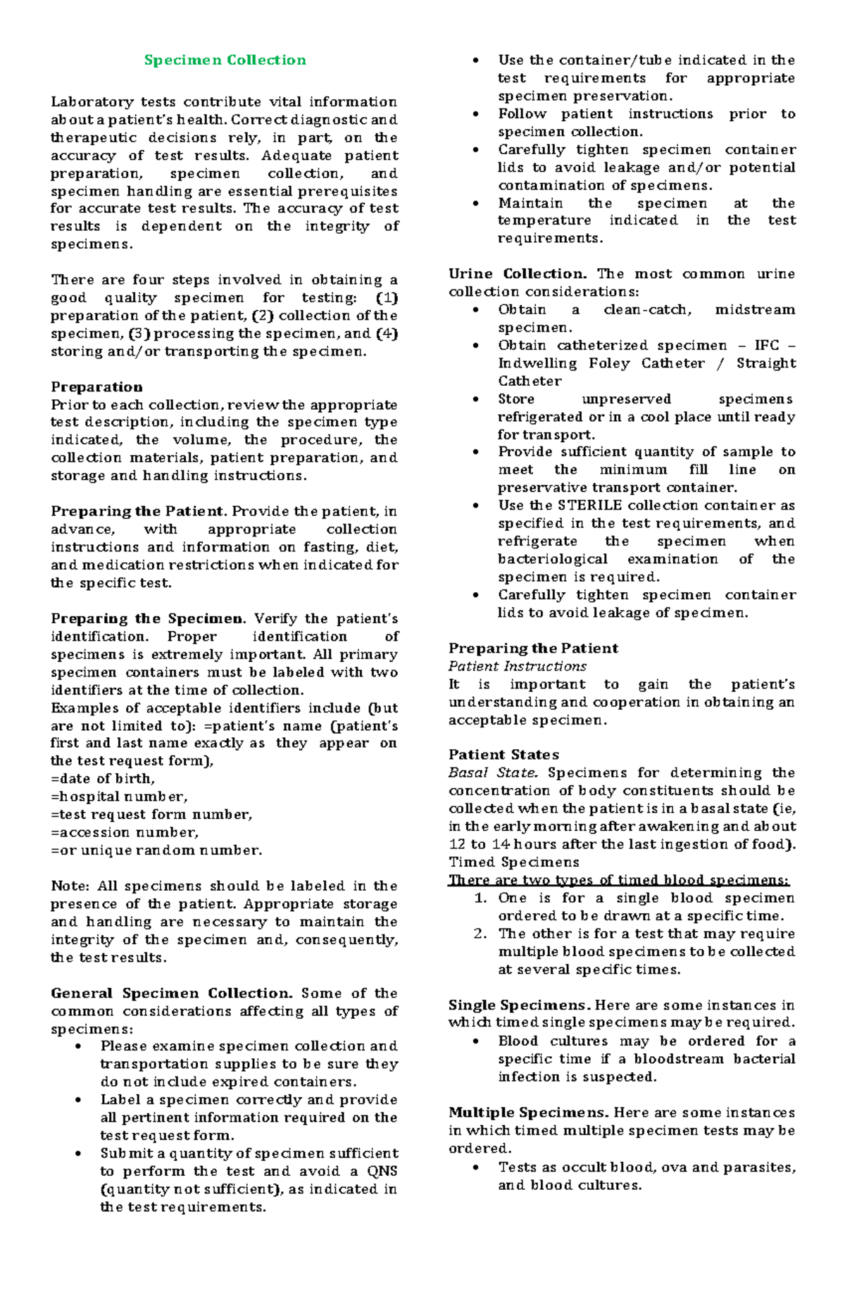 M P Handouts - NUrsing Note - Specimen Collection Laboratory tests ...