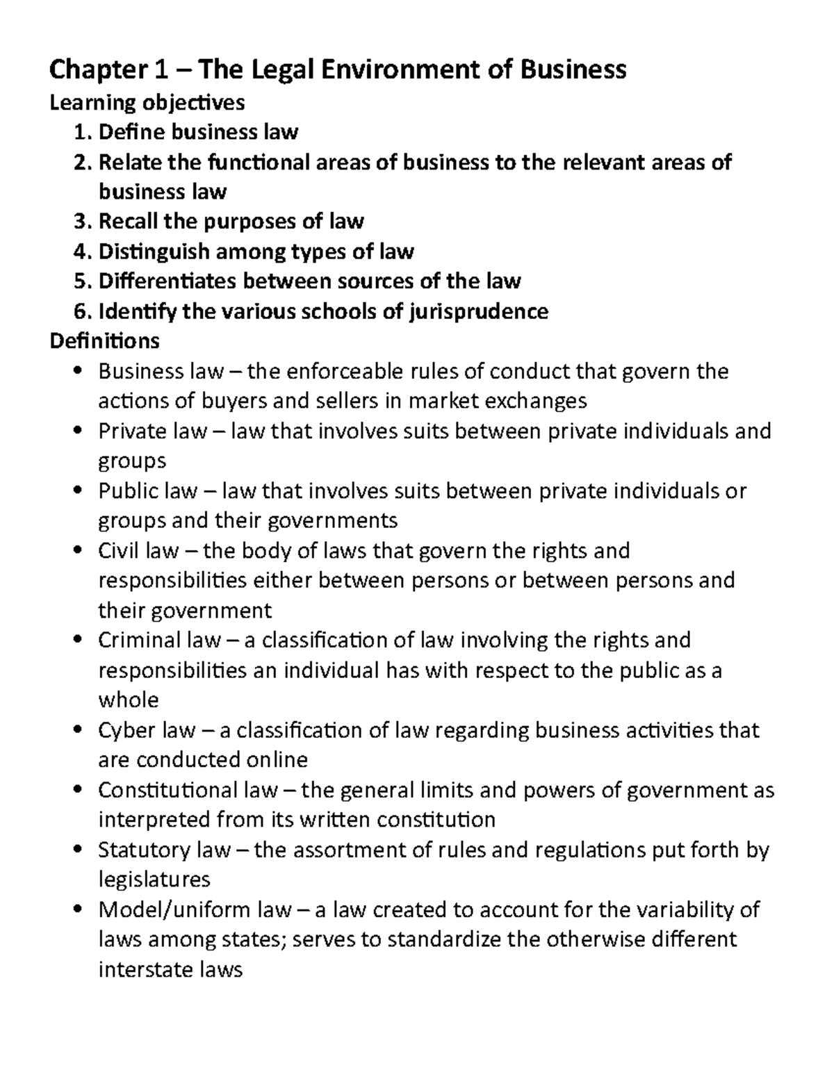 Chapter 1 notes - Chapter 1 – The Legal Environment of Business ...