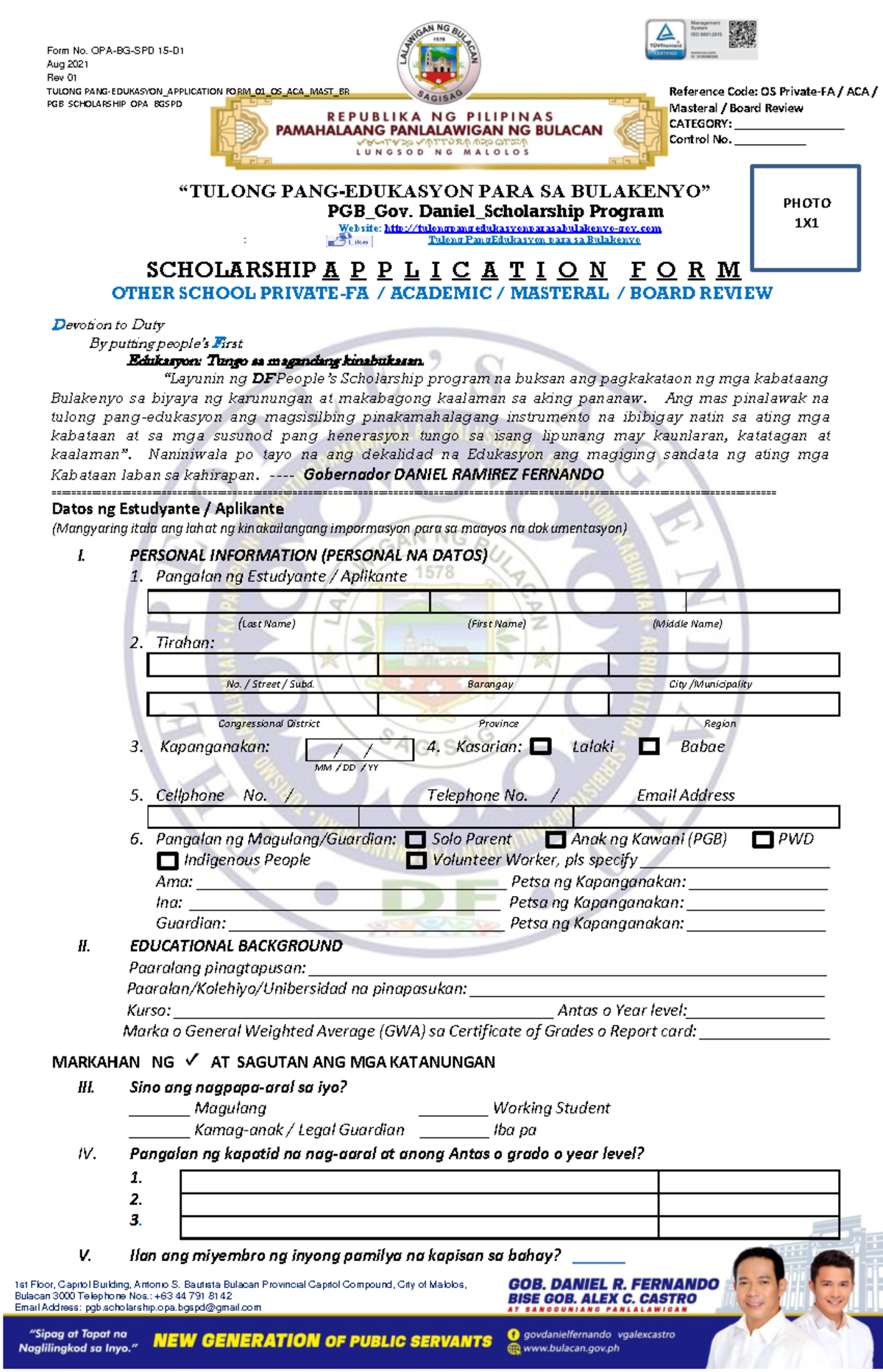 PA- Bgspd-15-D1 Scholarship Application Form Other Schools Masters ...