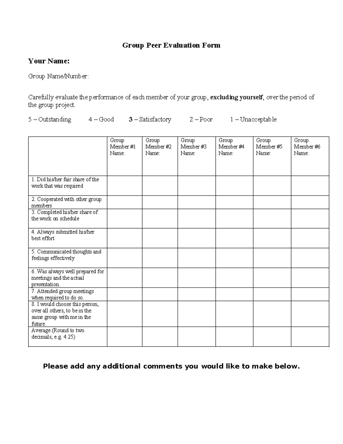 103 Group Peer Evaluation - 5 – Outstanding 4 – Good 3 – Satisfactory 2 ...