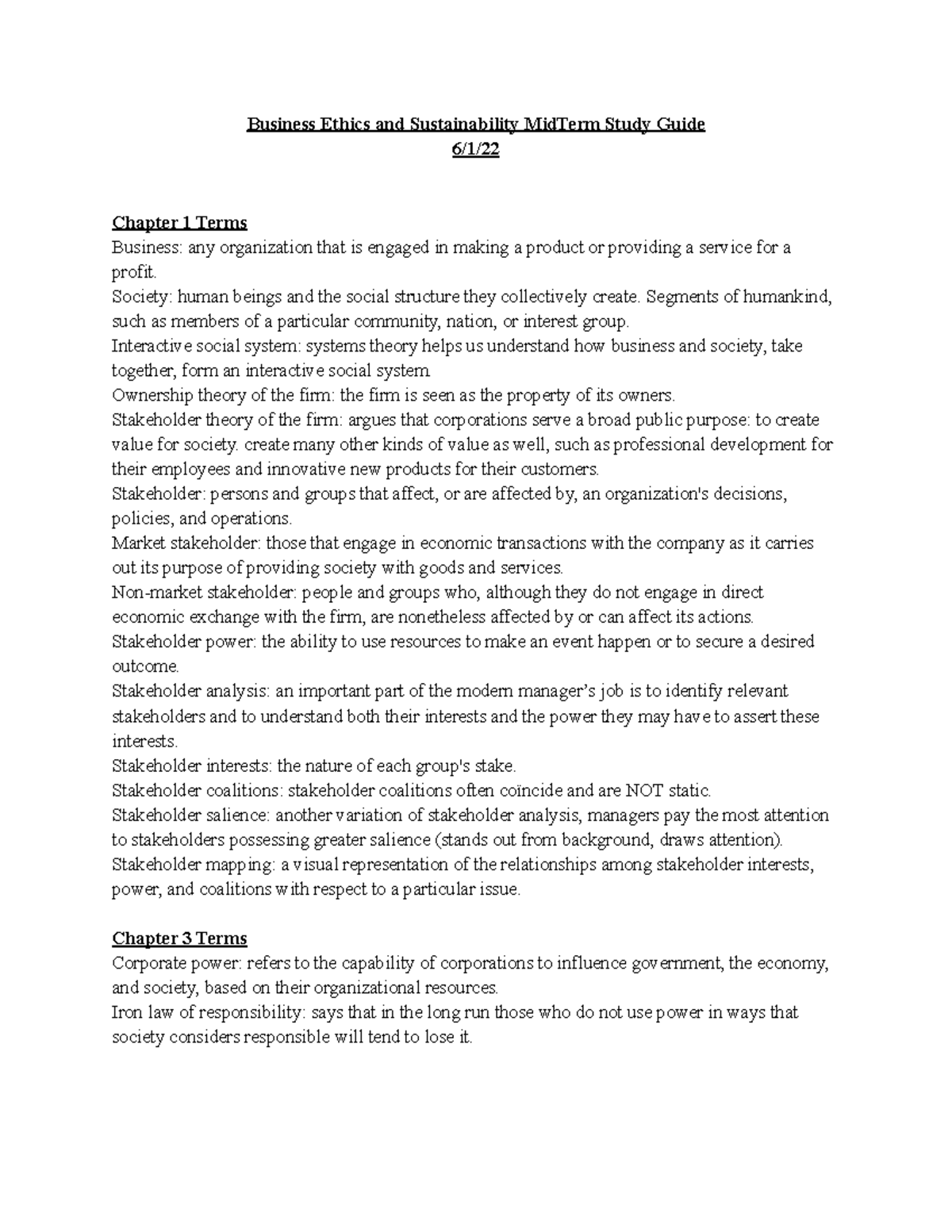 Business Ethics and Sustainability mid term study guide - Business ...