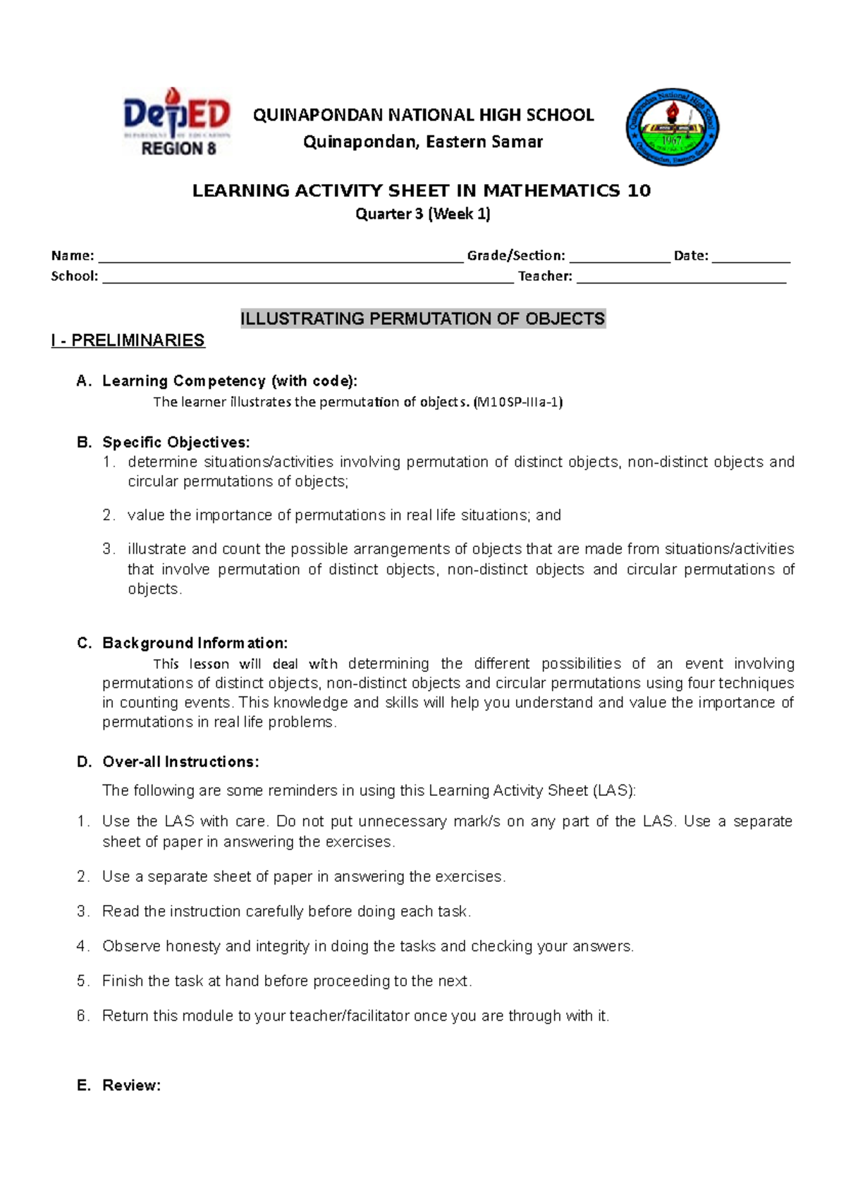 LAS for Mathematics 10 Quarter 3 week 1 - QUINAPONDAN NATIONAL HIGH ...