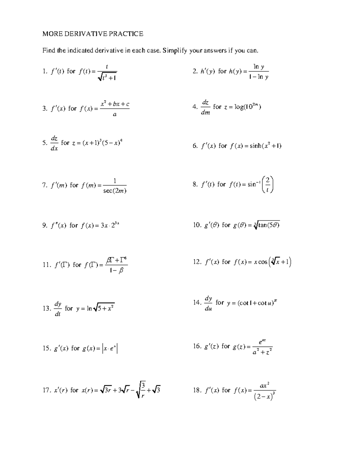 More Practice 2 - Description is required - MORE DERIVATIVE PRACTICE ...