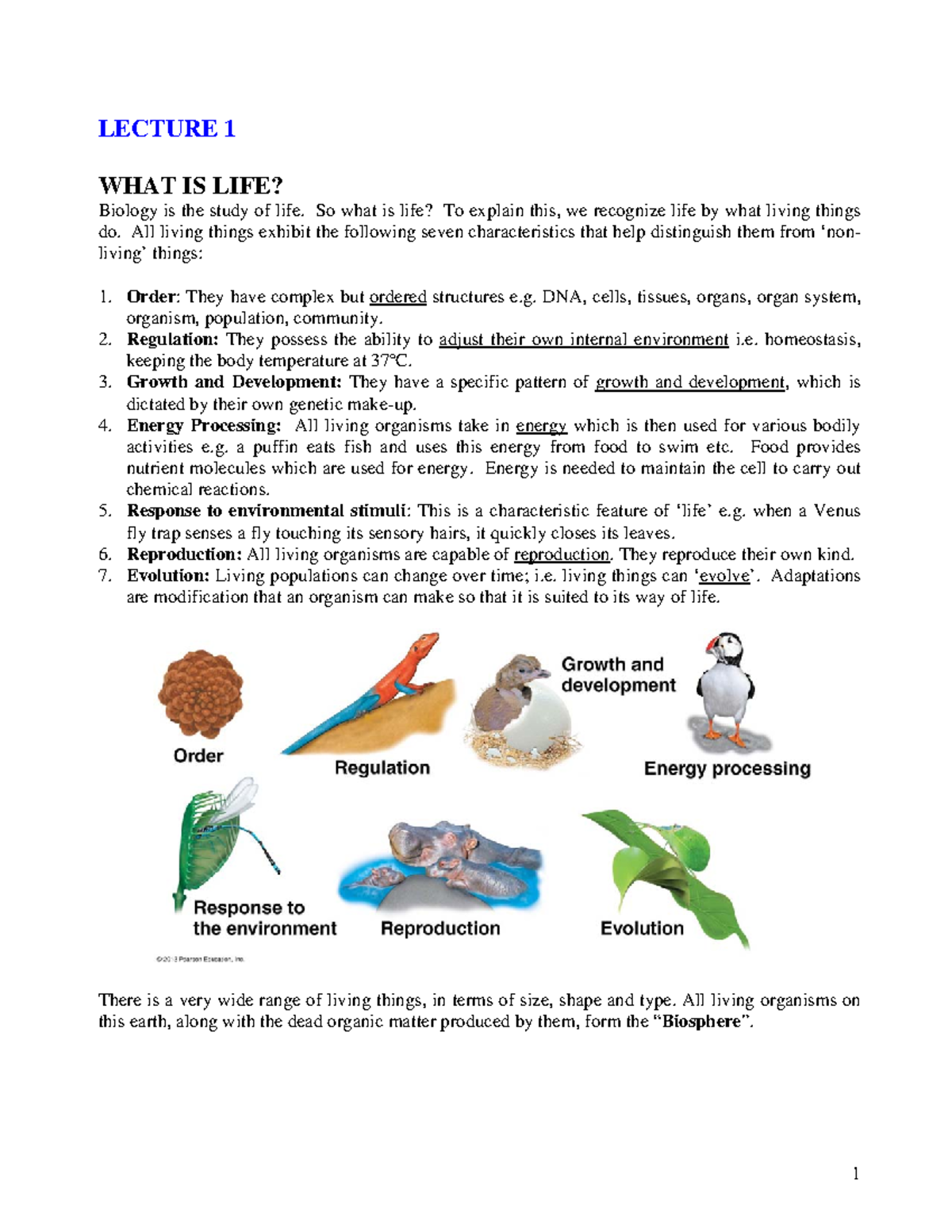 Module 1 Notes (Lecture 1 & 2) - LECTURE 1 WHAT IS LIFE? Biology is the ...