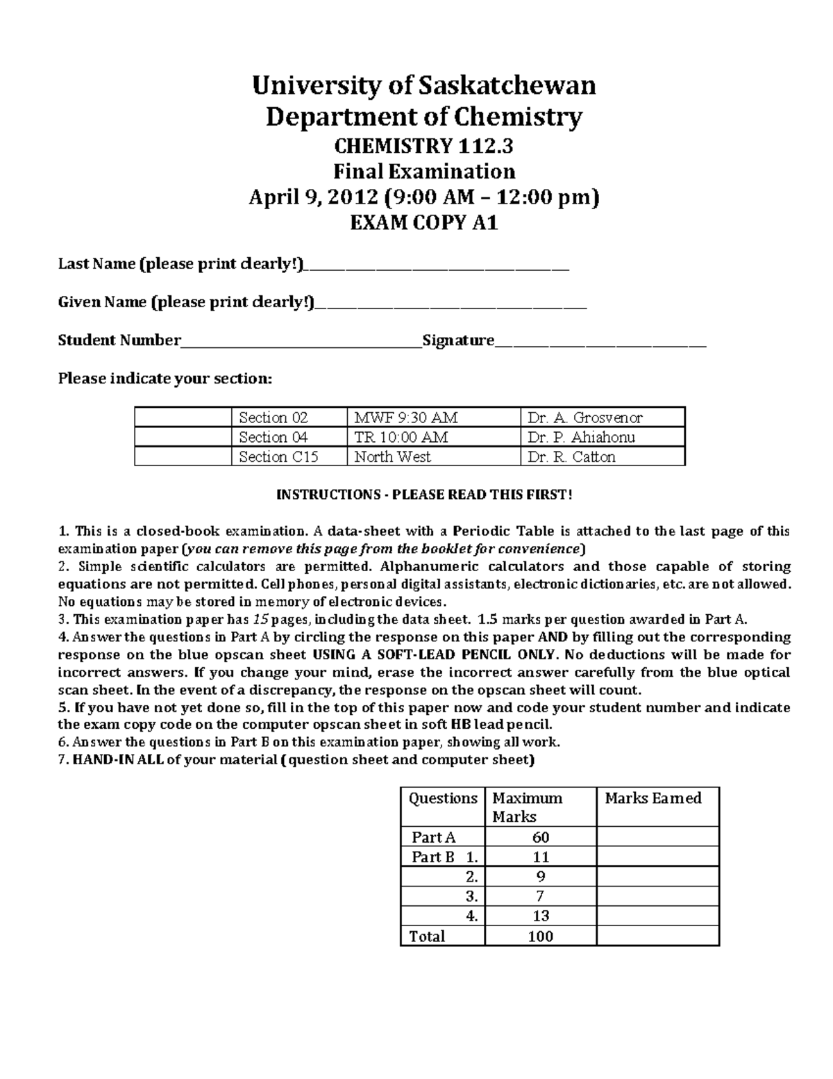 Chem 112 Sample Final Exam 1 - University of Saskatchewan Department of ...
