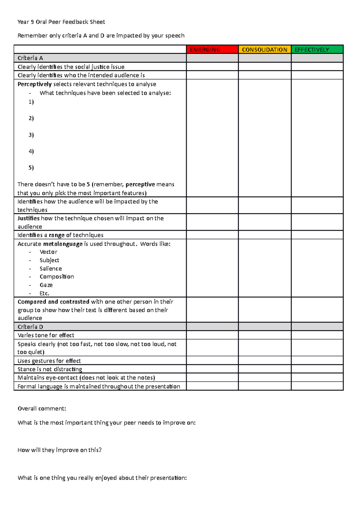 Peer Feedback Sheet - Year 9 Oral Peer Feedback Sheet Remember only ...