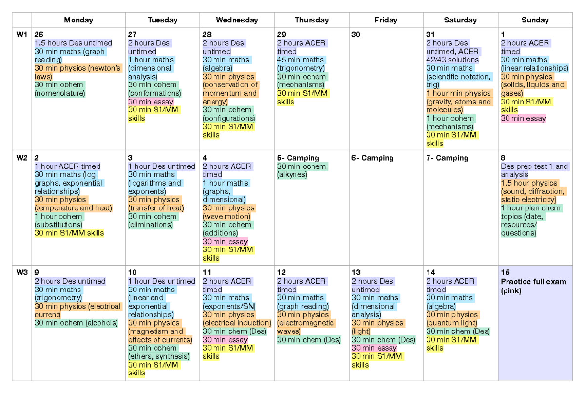 Gamsat Timetable - Monday Tuesday Wednesday Thursday Friday Saturday ...