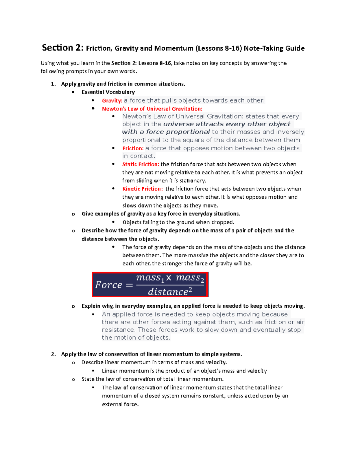 Section 2 friction, gravity, and momentum (l 8-16) DONE - Section 2 ...