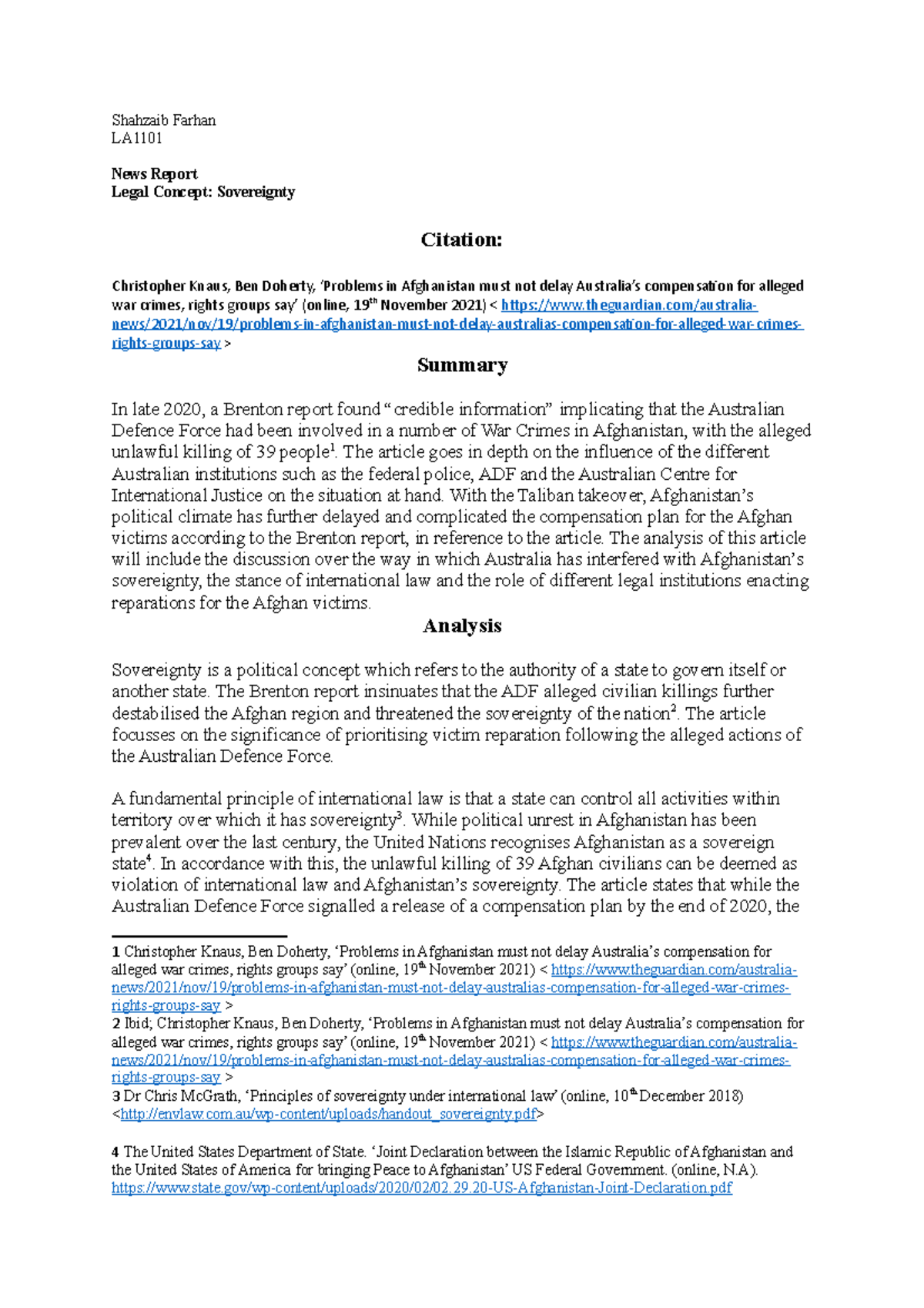 Newspaper article - HD assignment exemplar. LA1101. Sovereignty ...