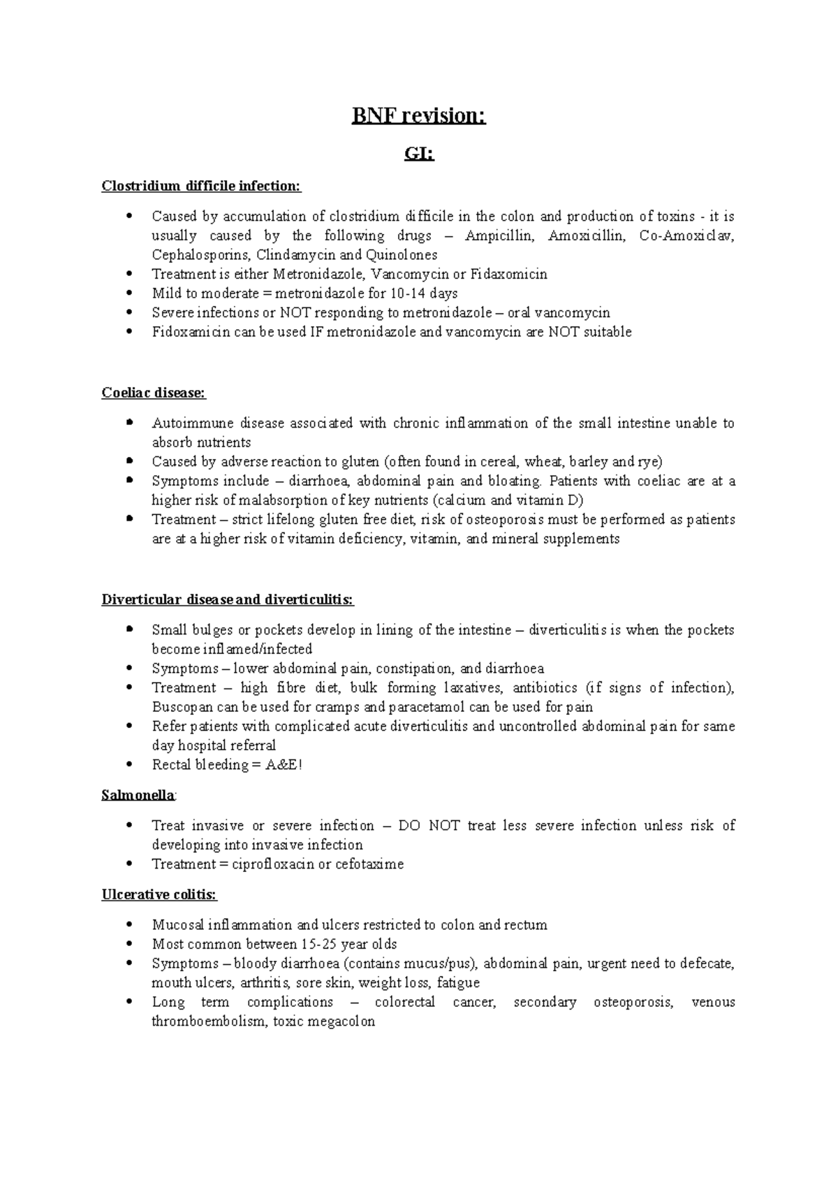 GI revision - pharmacy notes - BNF revision: GI: Clostridium difficile ...