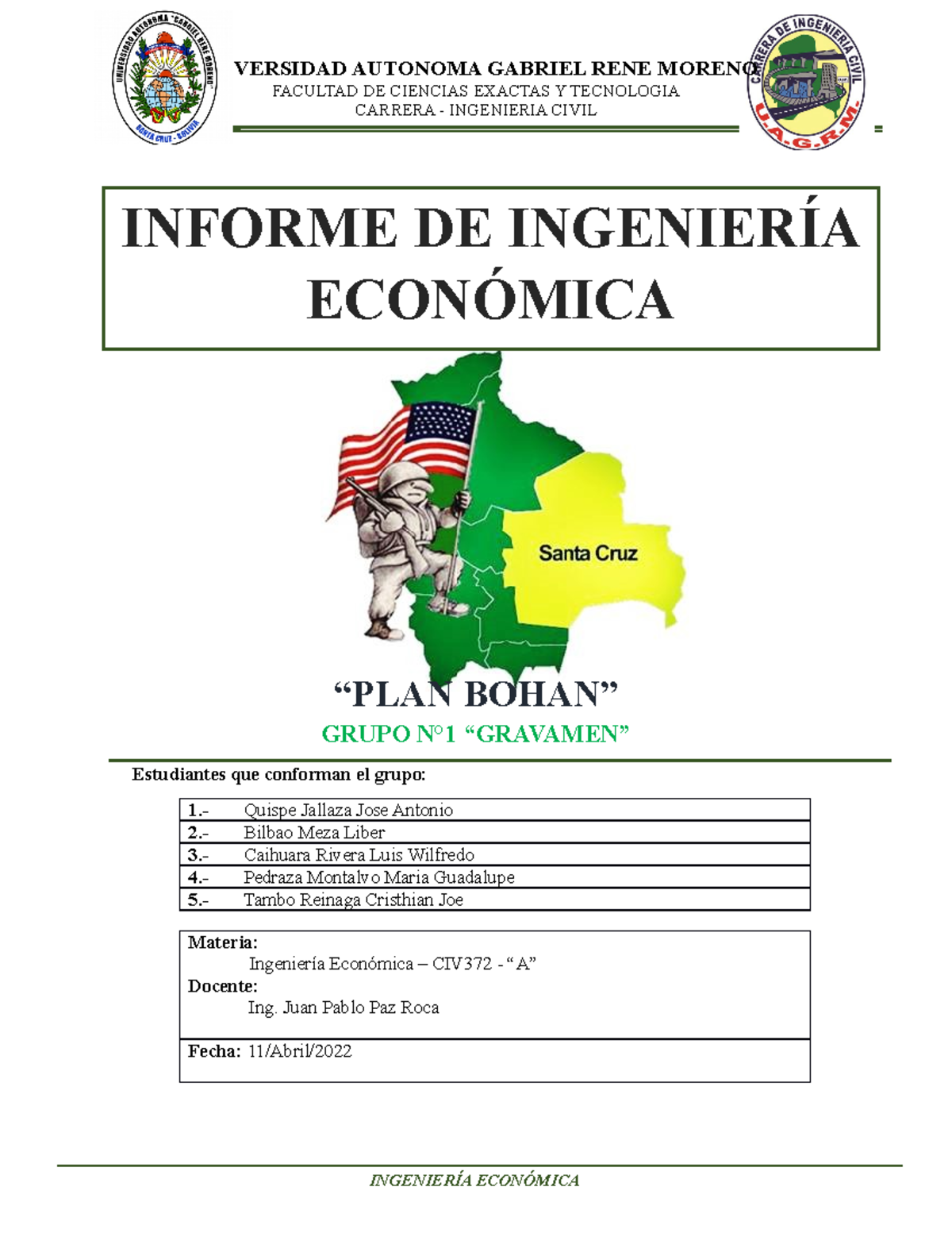 Informe DE ING. Ecnomica PLAN Bohan Grupo Gravamen - UNIVERSIDAD ...