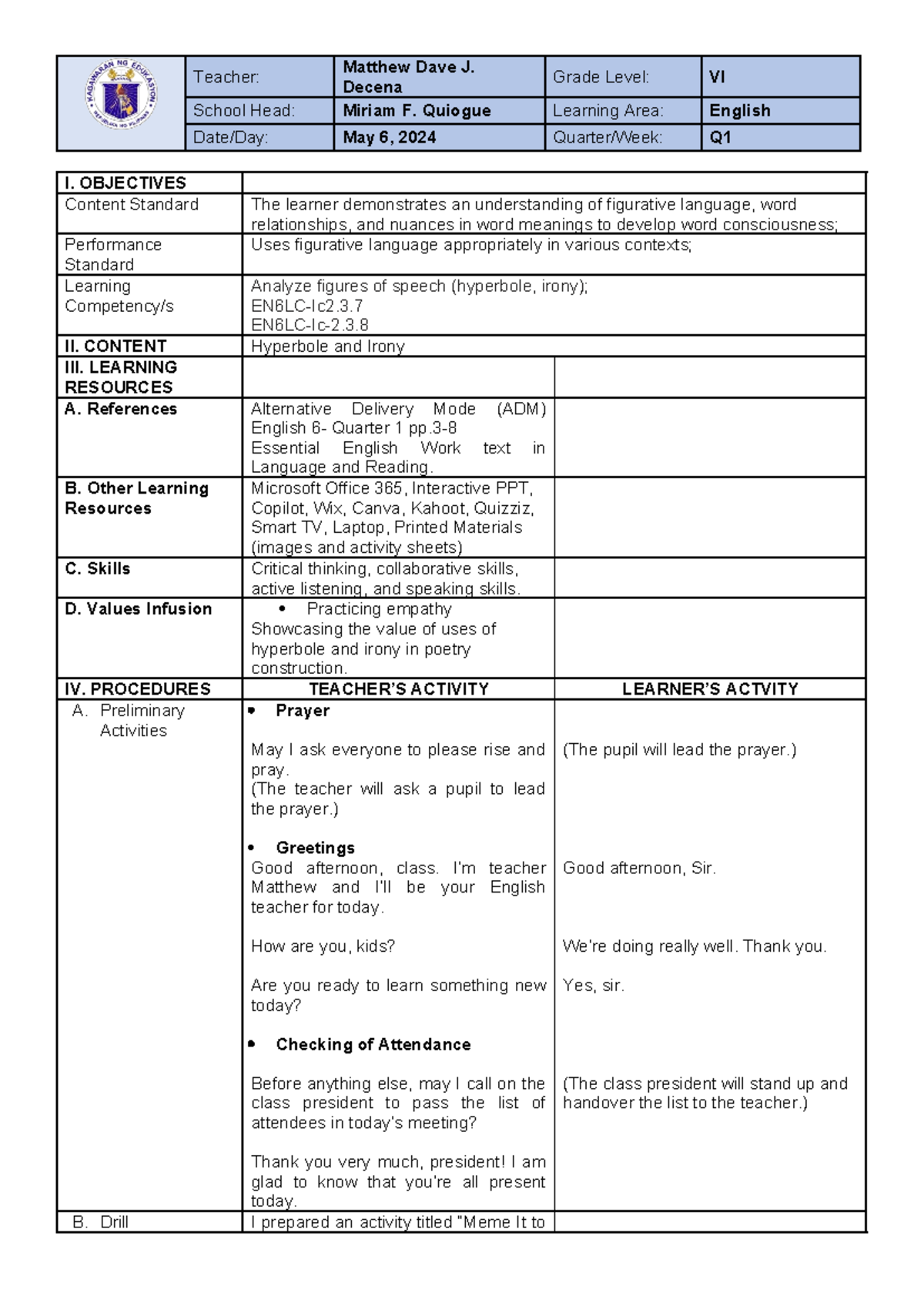 DLL in English 6 - DLL - Teacher: Matthew Dave J. Decena Grade Level ...