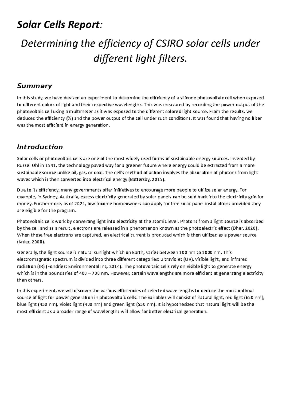 Solar Cells Experiment - Solar Cells Report : Determining the ...