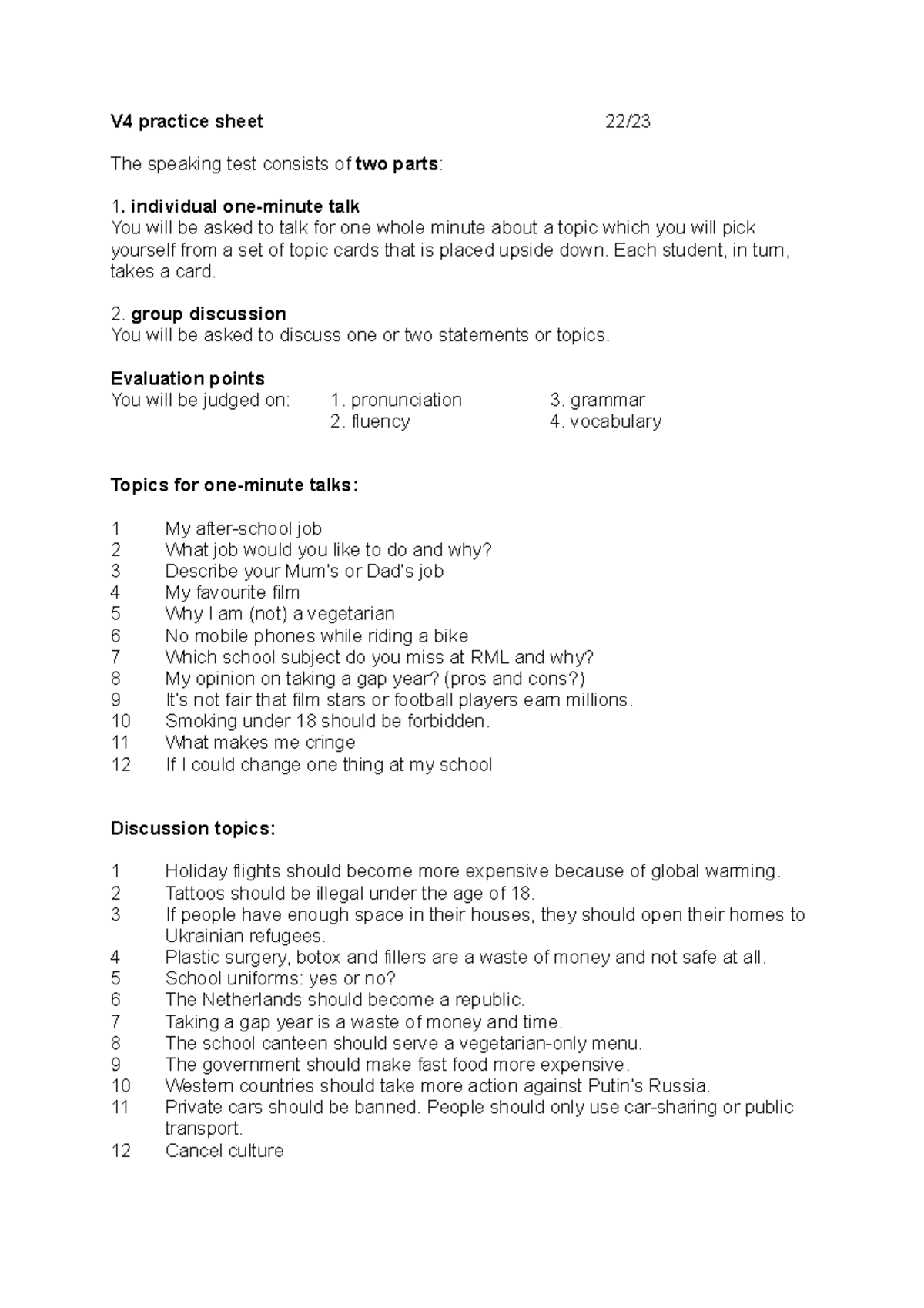 V4 speaking test 2122 - V4 practice sheet 22/ The speaking test ...