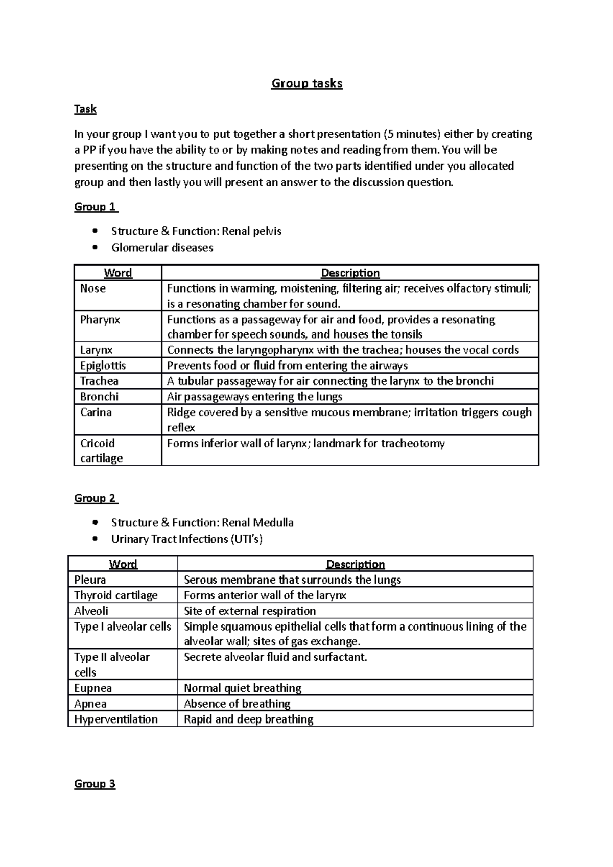 Group tasks - Respiratory and Renal systems answers - Group tasks Task ...