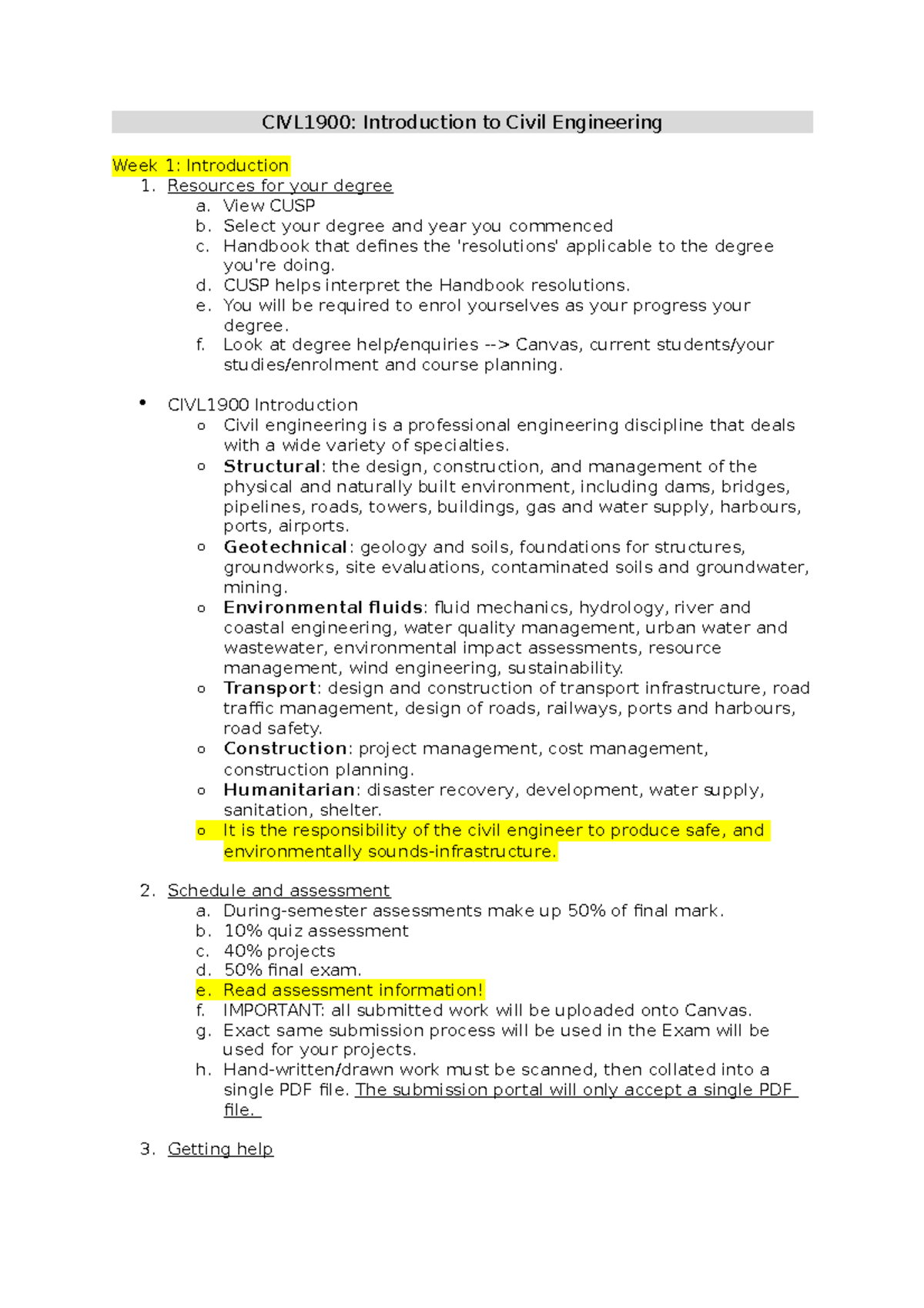 Week 1 Notes - N/A - CIVL1900: Introduction to Civil Engineering Week 1 ...