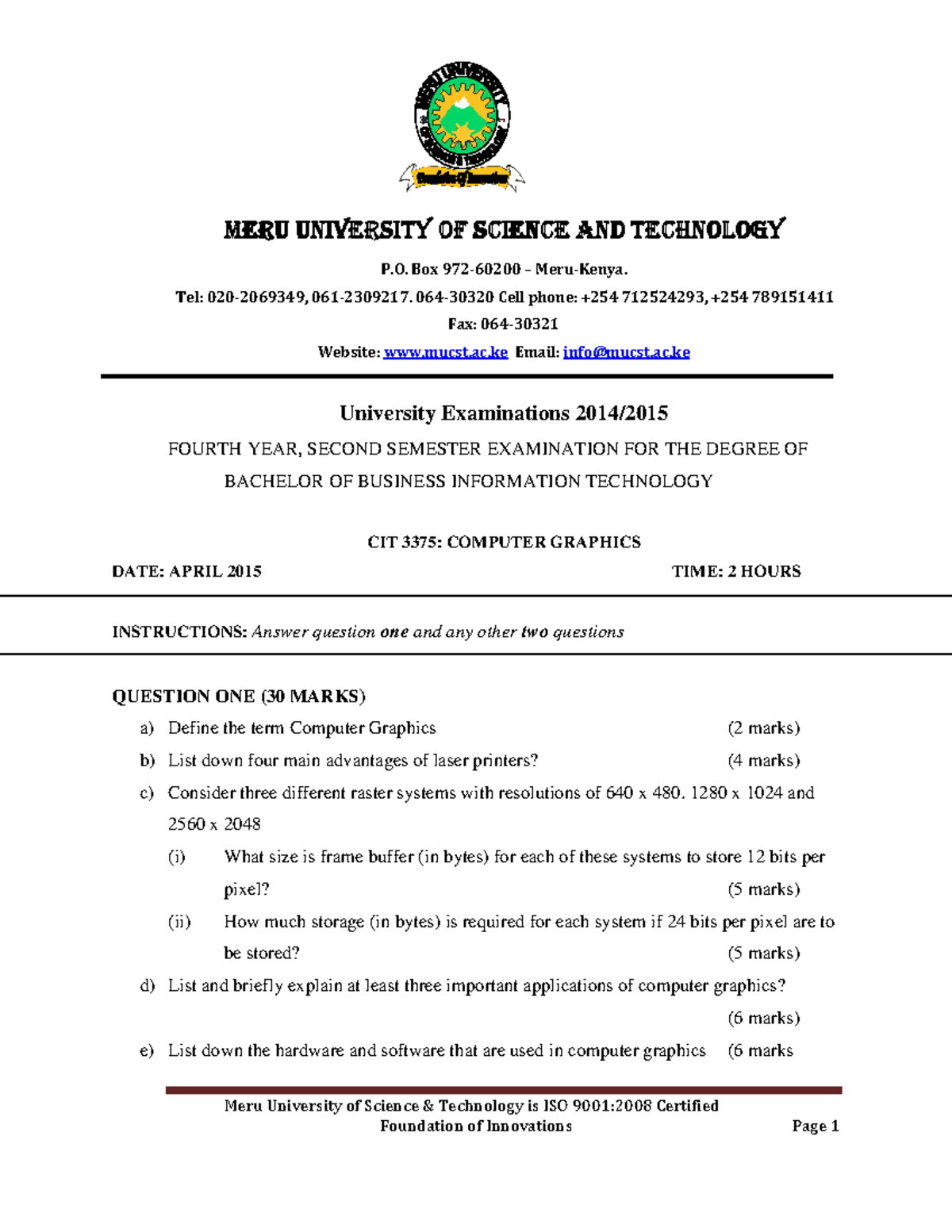 Microsoft Word Computer Graphics CIT 3375 - Meru University of Science & Technology is ISO - Studocu