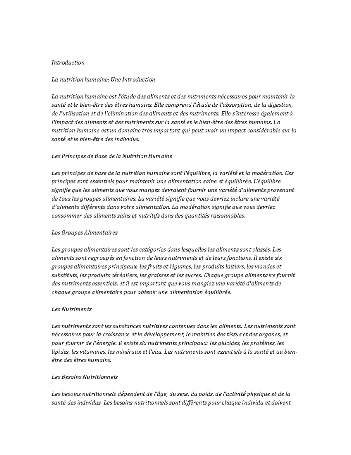 Human Nutrition Study Notes - Introduction La nutrition humaine: Une ...