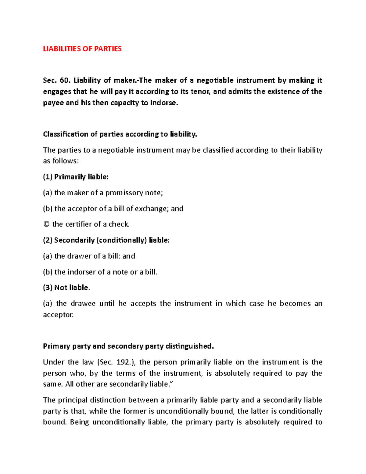 Liabilities OF Parties - LIABILITIES OF PARTIES Sec. 60. Liability of ...