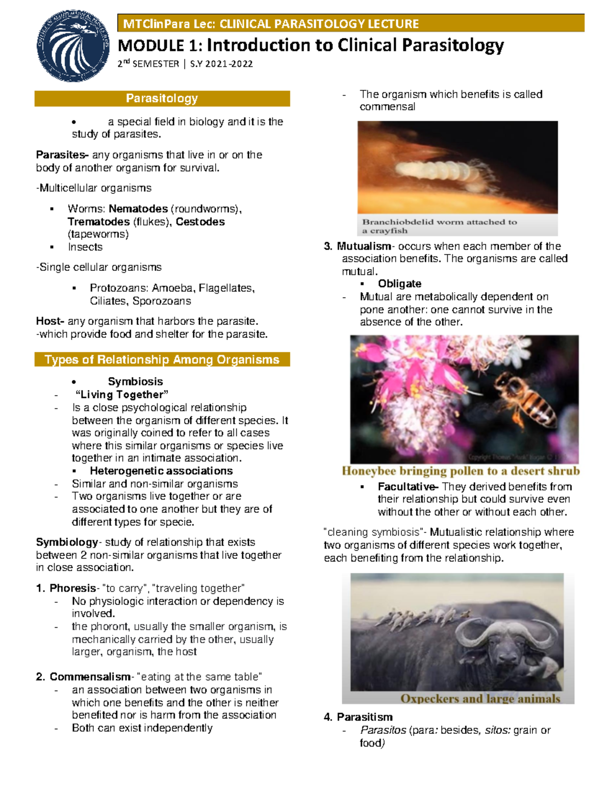 Clinpara LEC P1 - PARASITOLOGY - Parasitology a special field in ...
