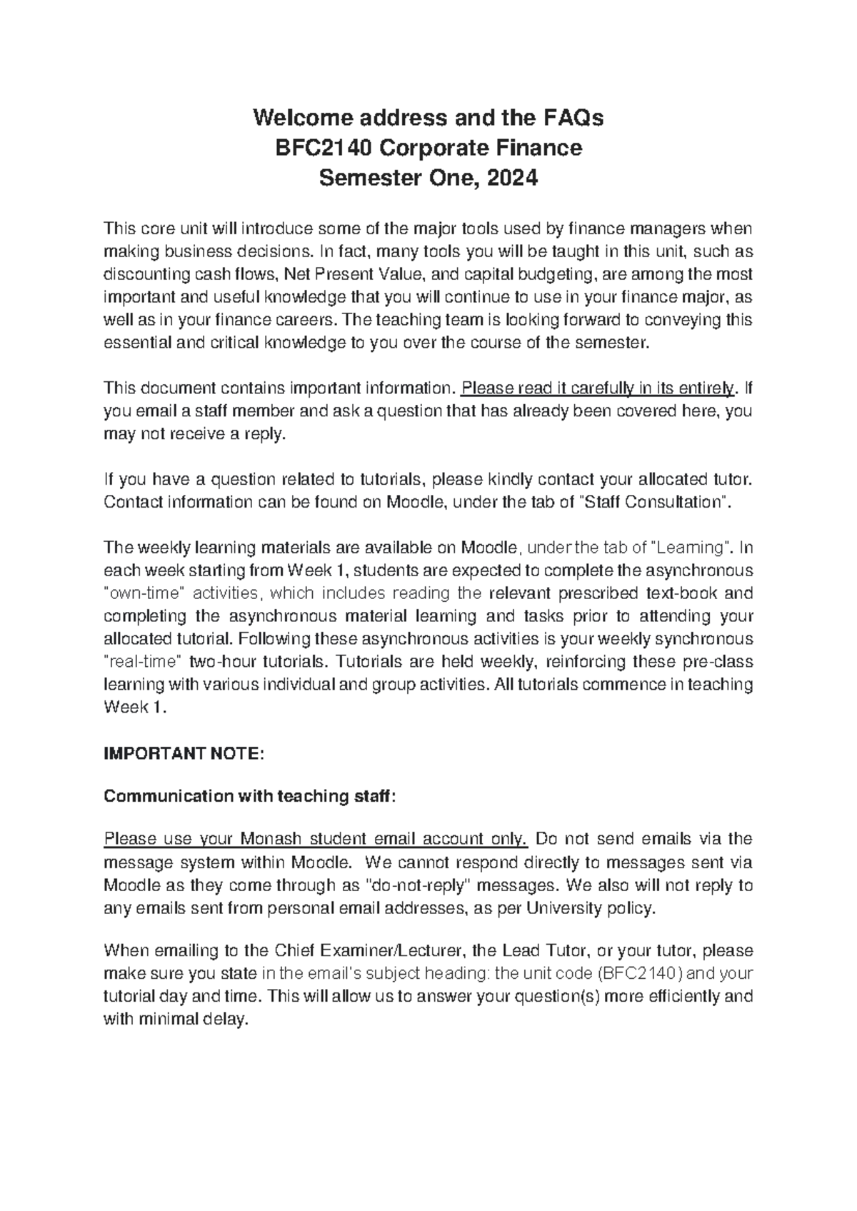 BFC2140 S1 2024 Welcome Address FAQs - Welcome address and the FAQs BFC2140 Corporate Finance ...