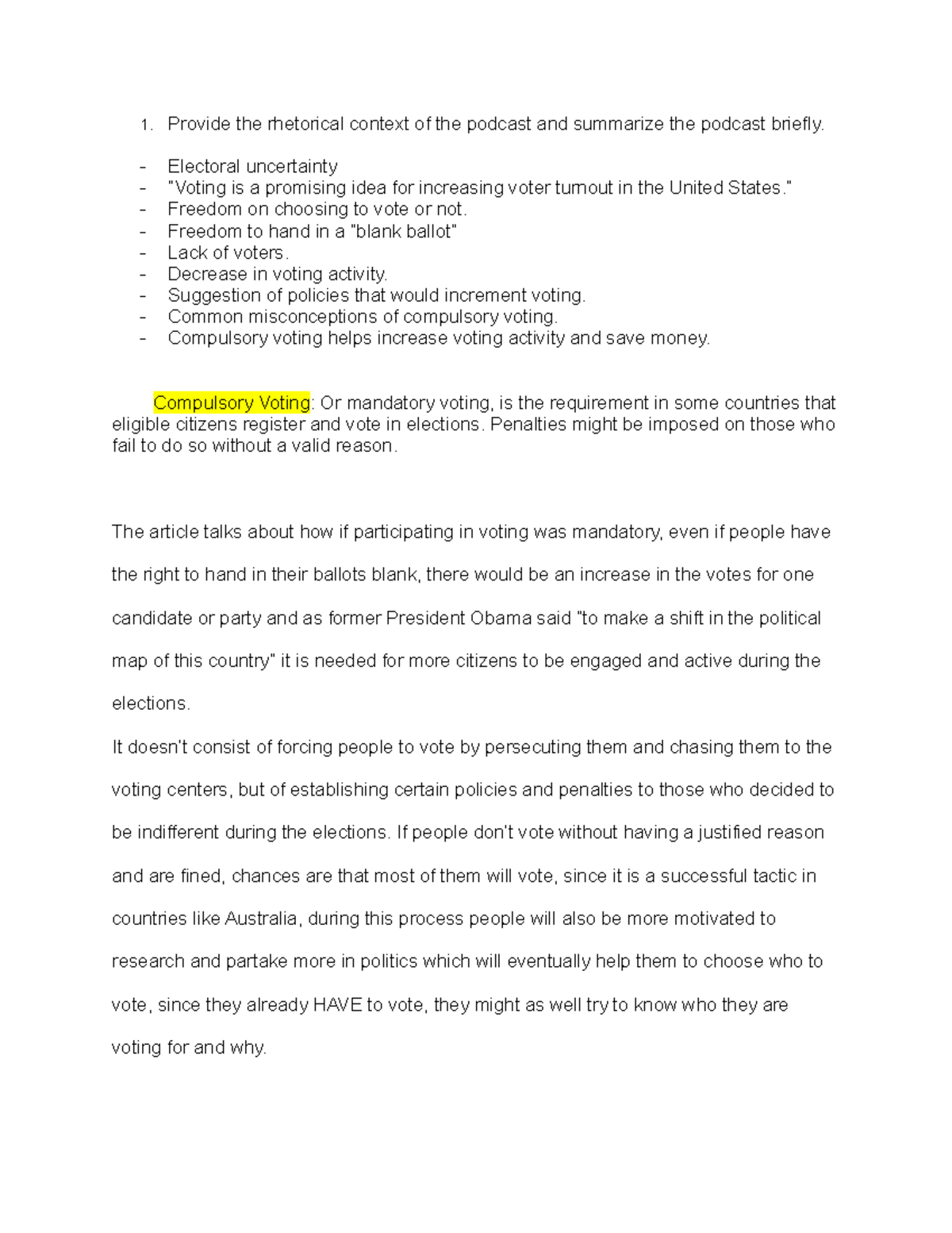 Compulsory voting - Writing assignment - Provide the rhetorical context ...