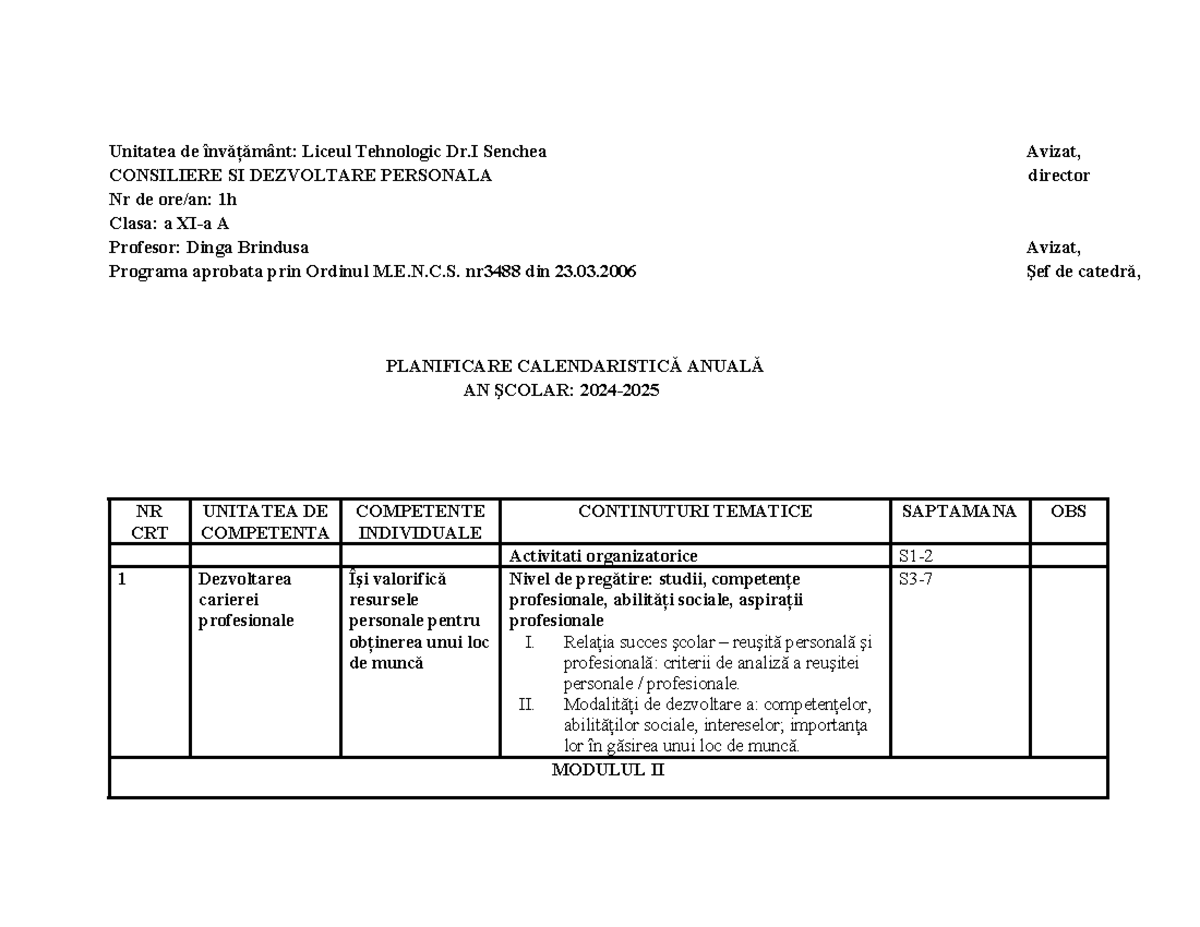 Dirigentie XI A - Unitatea de învăţământ: Liceul Tehnologic Dr Senchea ...