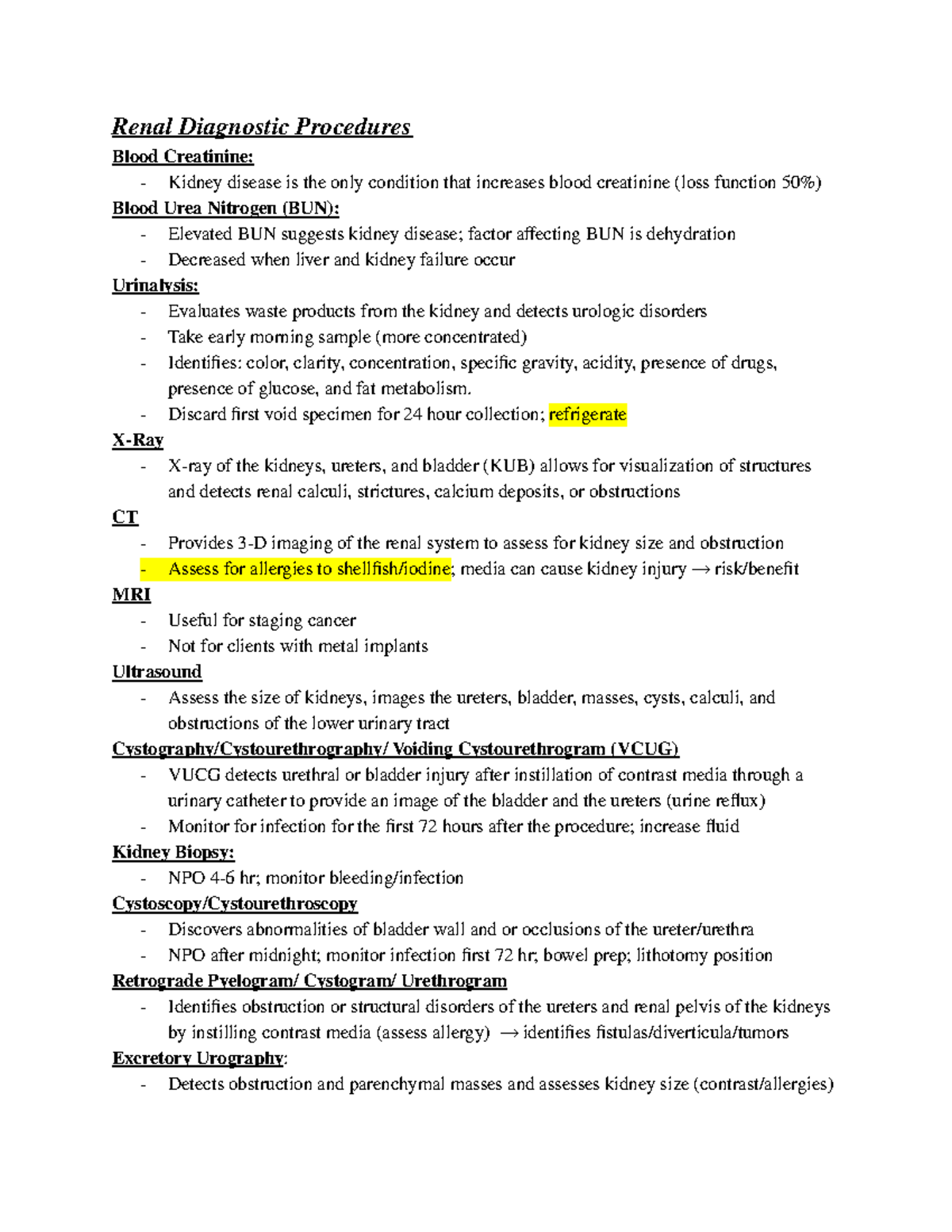 Med Surg Renal Prostate Test 1 Study Guide - Renal Diagnostic ...