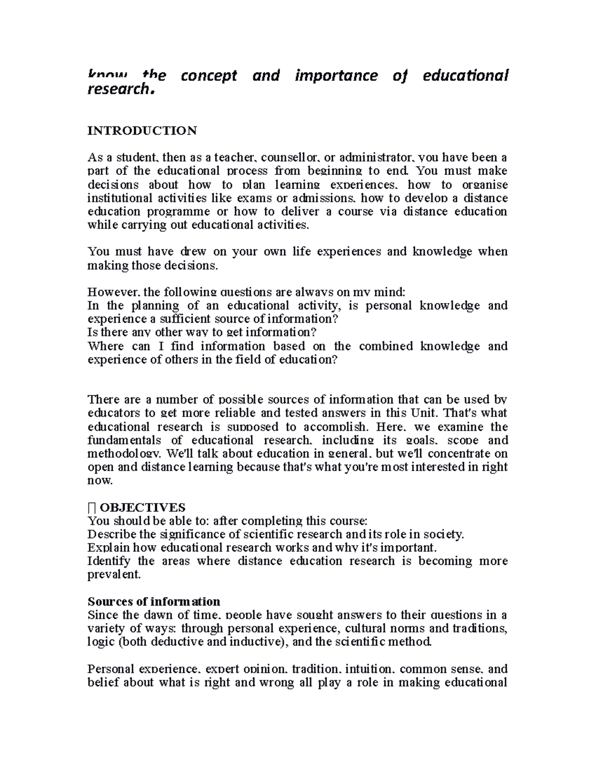 . know the concept and importance of educational research ...