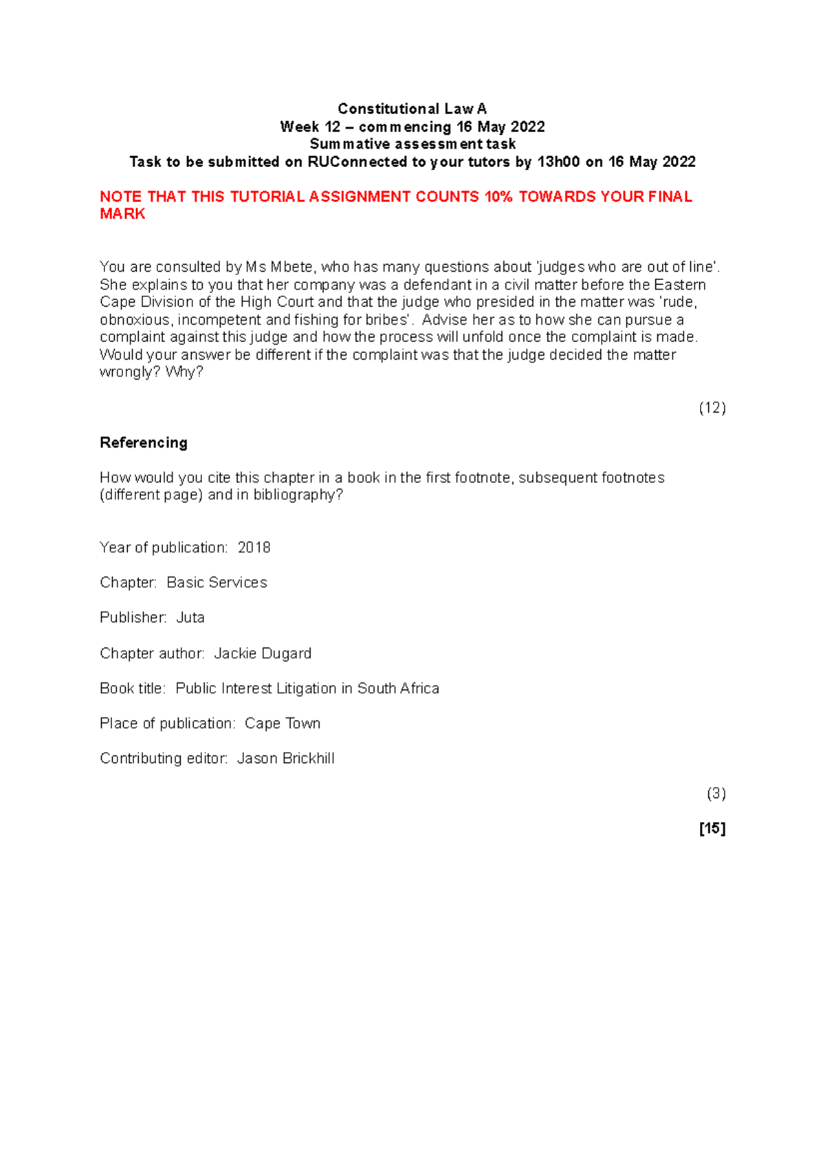 Tutorial Worksheet Week12 - Constitutional Law A Week 12 – commencing ...